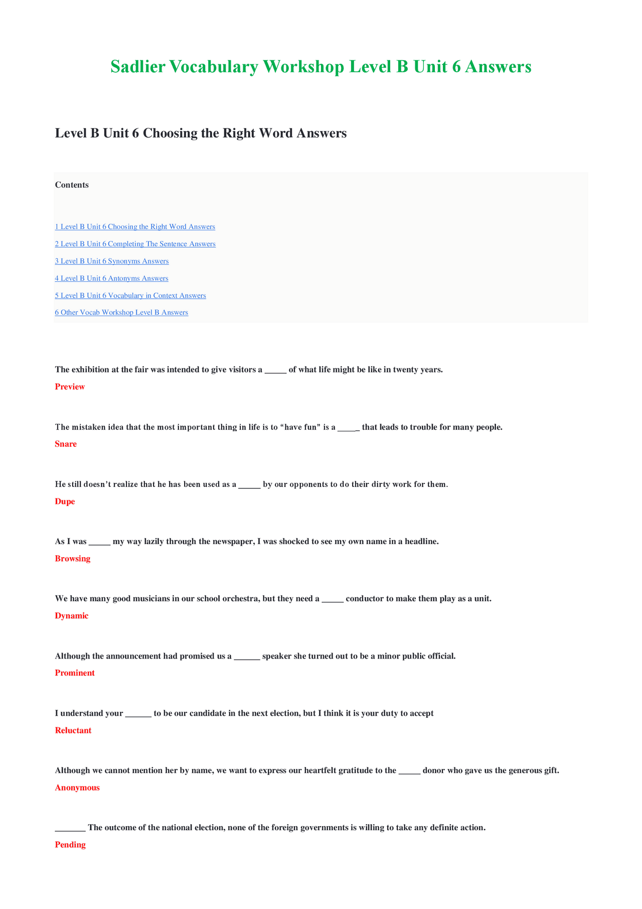 Sadlier Vocabulary Workshop Level B Unit 6 Answers – Verified ...