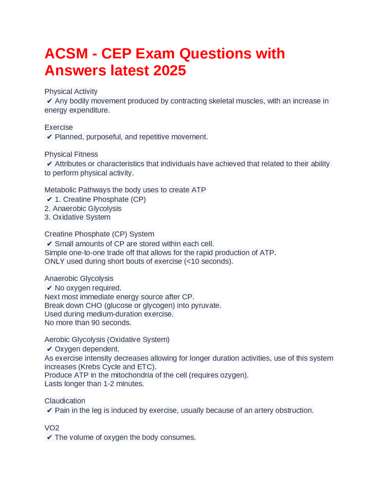 ACSM-CEP Exam Prep: Key Definitions & Concepts 2025 | Exams Physiology ...