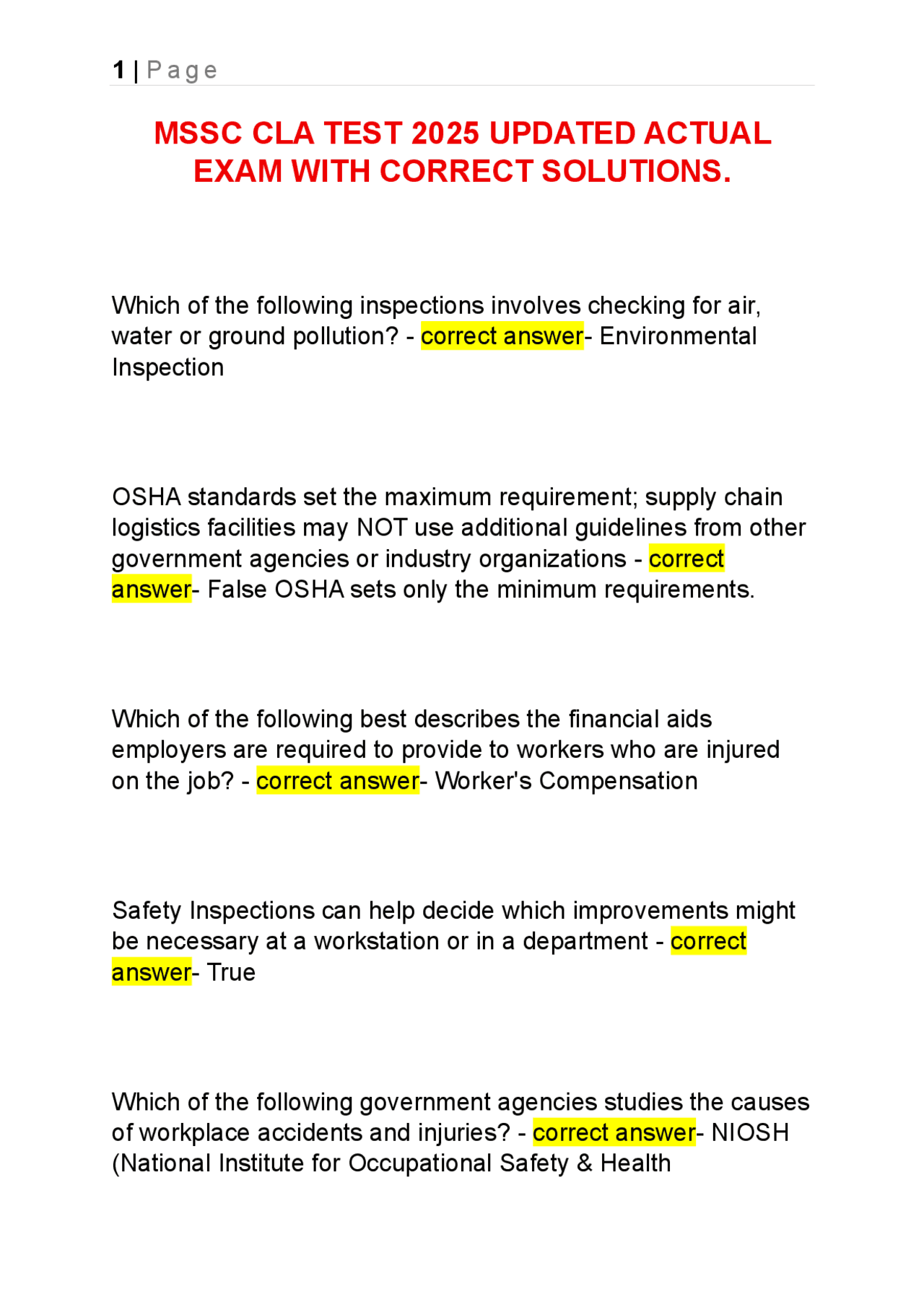 MSSC CLA TEST 2025 UPDATED ACTUAL EXAM WITH CORRECT SOLUTIONS. | Exams ...
