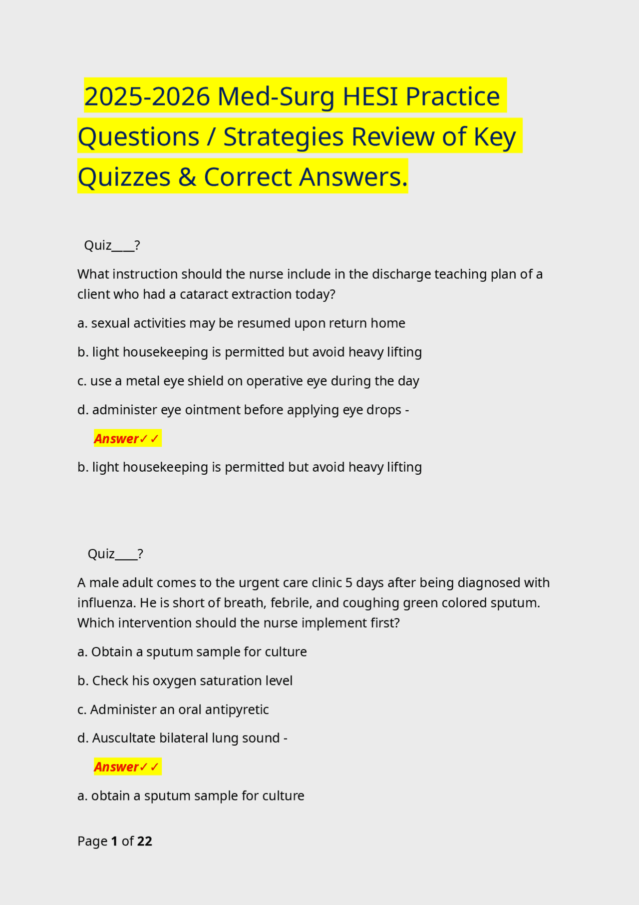 2025-2026 Med-Surg HESI Practice Questions / Strategies Review of Key ...