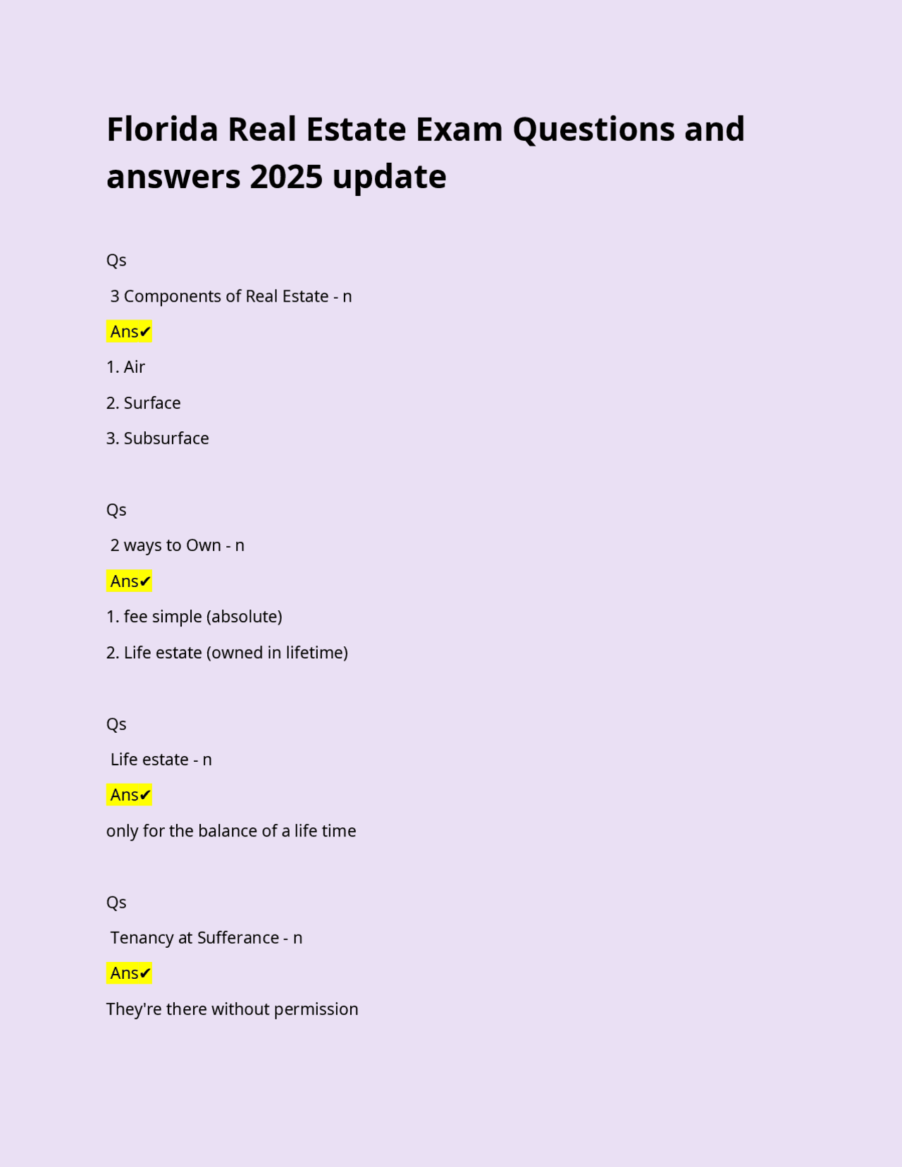 Florida Real Estate Exam Prep: 2025 Q&A Update | Exams Nursing | Docsity