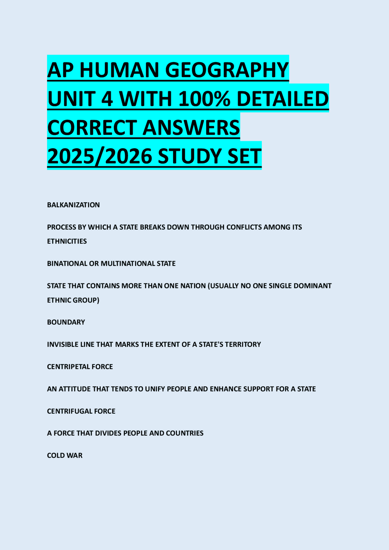 AP HUMAN GEOGRAPHY UNIT 4 WITH 100% DETAILED CORRECT ANSWERS 2025/2026 ...