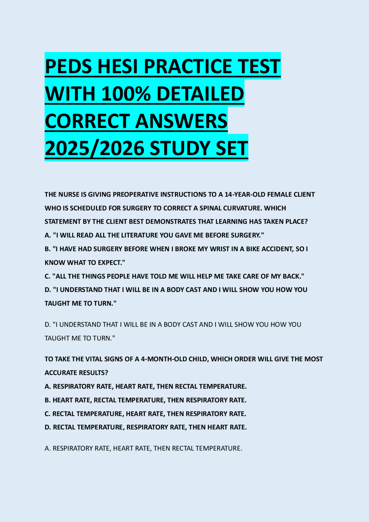 PEDS HESI PRACTICE TEST WITH 100% DETAILED CORRECT ANSWERS 2025/2026 ...