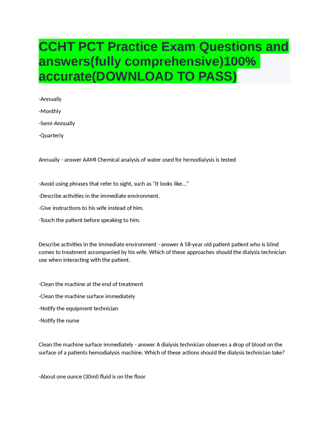 CCHT PCT Practice Exam Questions and answers(fully comprehensive)100% ...