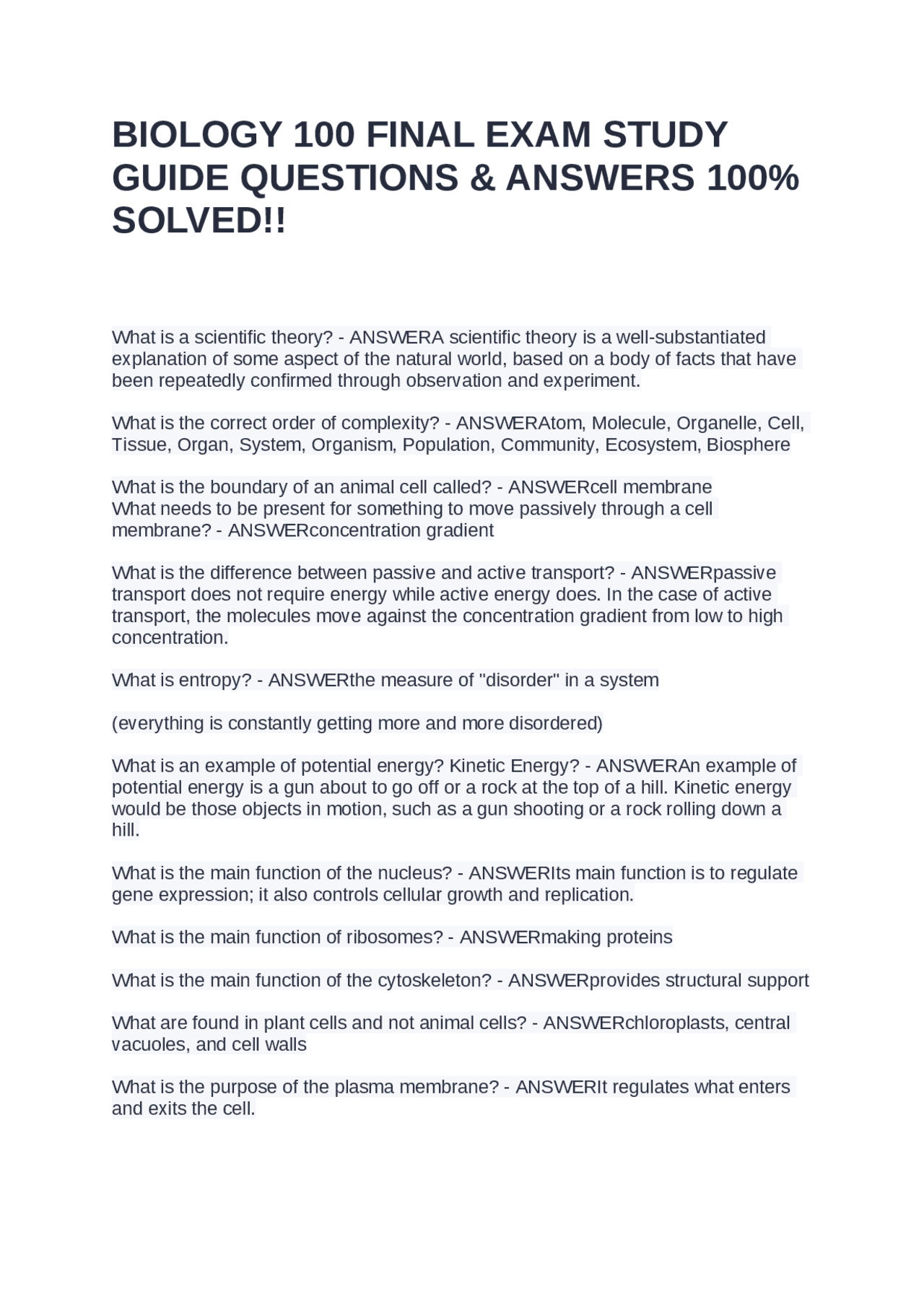 BIOLOGY 100 FINAL EXAM STUDY GUIDE QUESTIONS & ANSWERS 100% SOLVED ...
