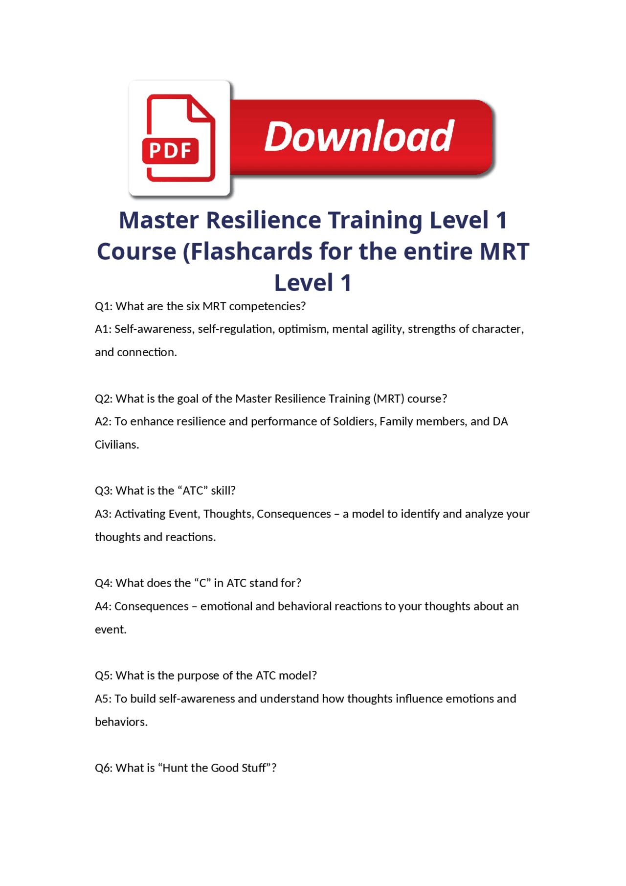 Master Resilience Training Level 1 Course (Flashcards for the entire ...