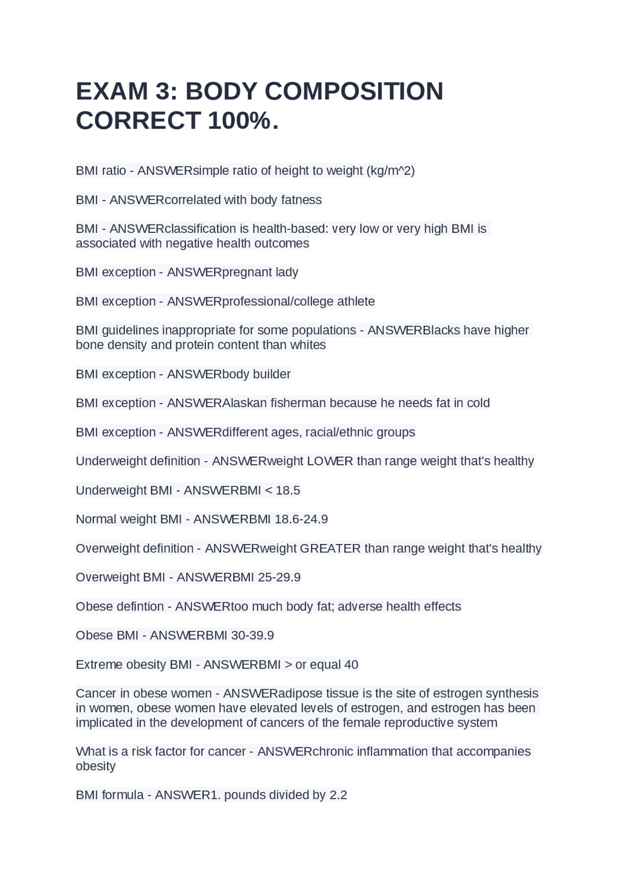 EXAM 3: BODY COMPOSITION CORRECT 100%. | Exams Biology | Docsity