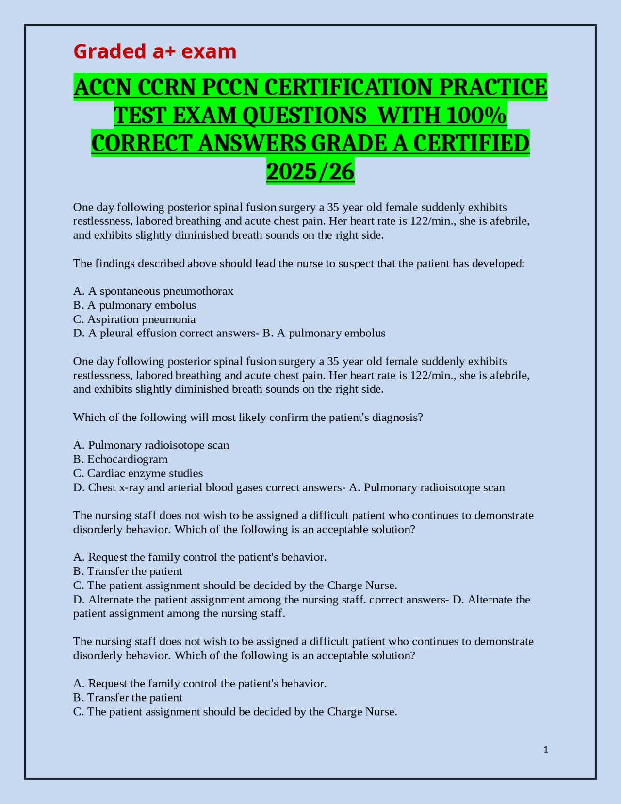 ACCN CCRN PCCN CERTIFICATION PRACTICE TEST EXAM QUESTIONS WITH 100% ...