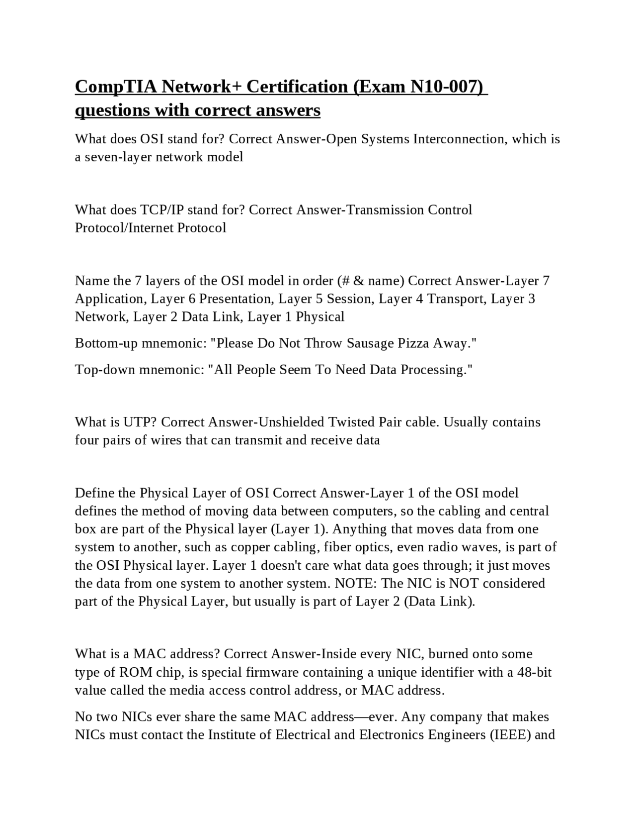 CompTIA Network+ Certification (Exam N10-007) questions with correct ...