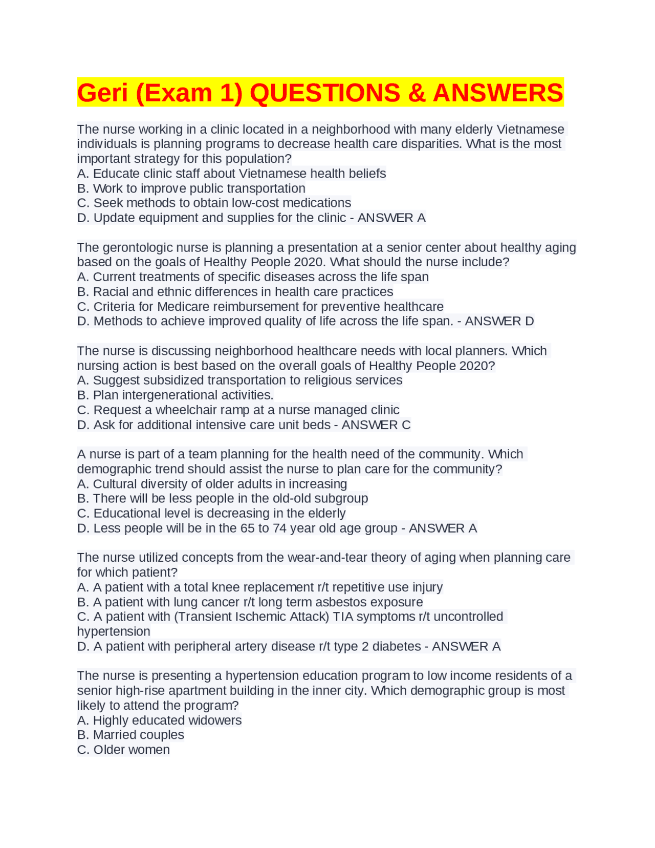 Geri (Exam 1) QUESTIONS & ANSWERS | Exams Nursing | Docsity