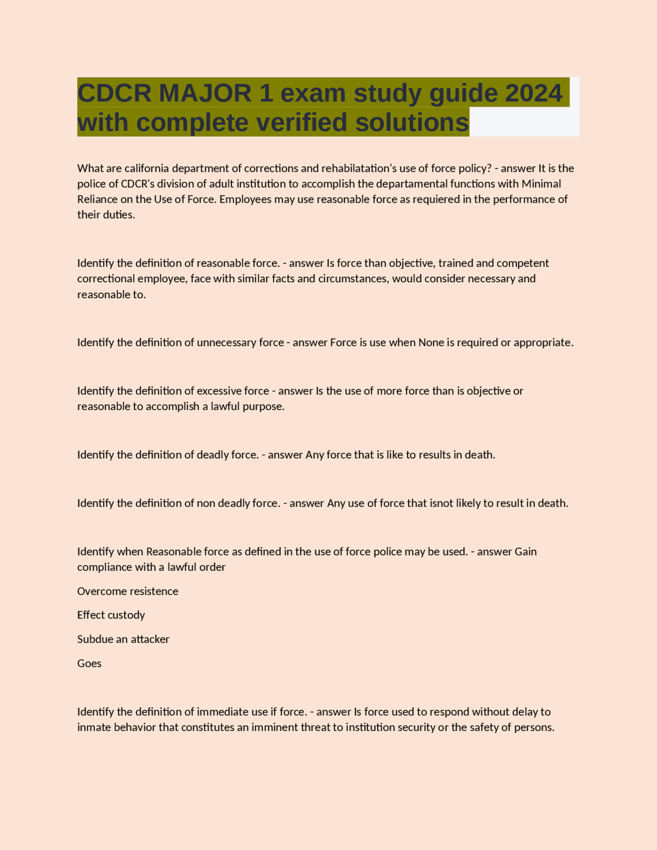 CDCR MAJOR 1 exam study guide 2024 with complete verified solutions ...
