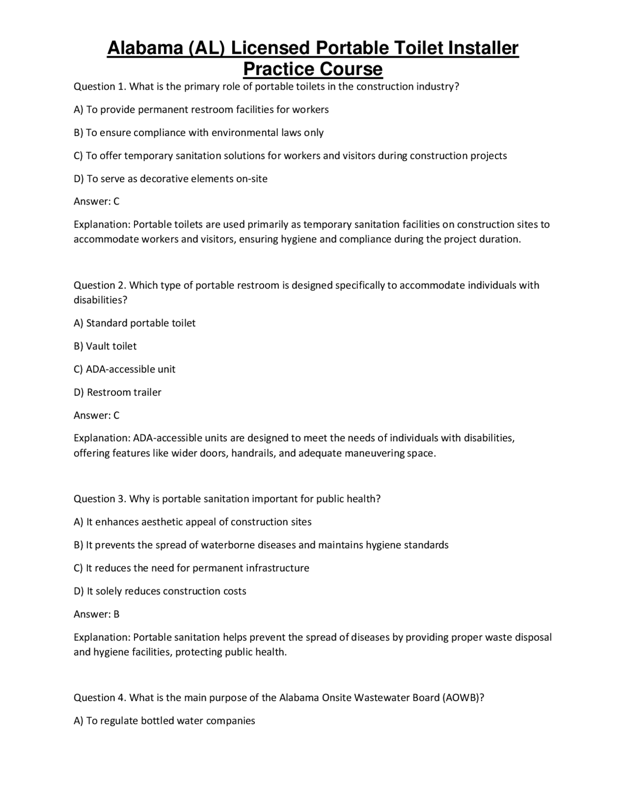 Alabama (AL) Licensed Portable Toilet Installer Practice Course | Exams ...