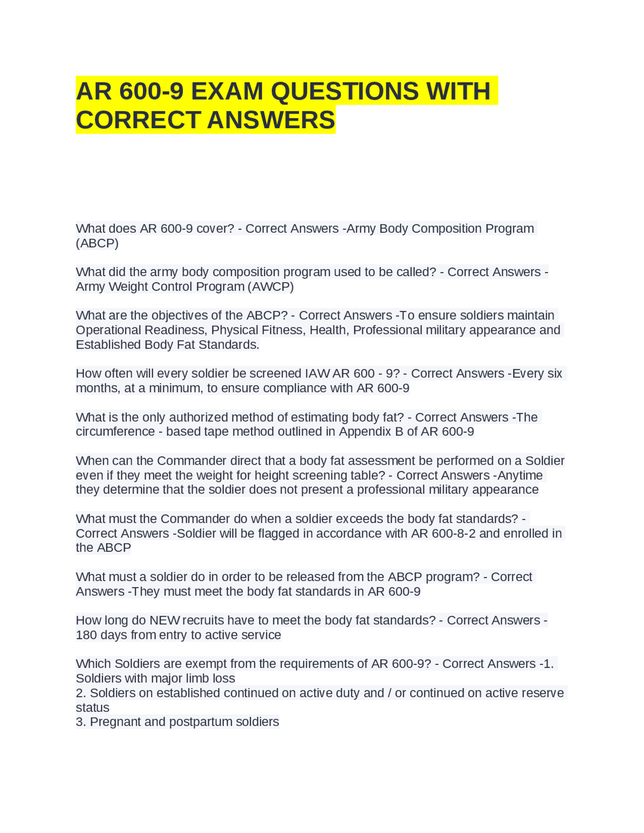 AR 600-9 EXAM QUESTIONS WITH CORRECT ANSWERS | Exams Advanced Education ...