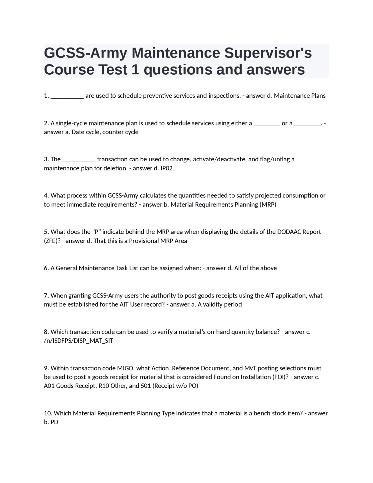 GCSS-Army SSA Course Test 1 questions and answers.docx | Exams Biology ...