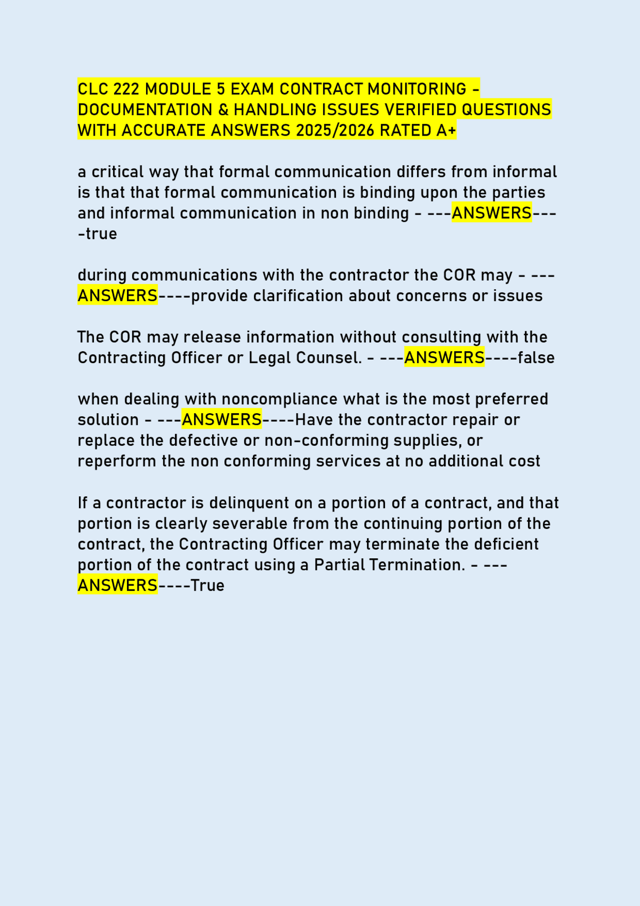 CLC 222 MODULE 5 EXAM CONTRACT MONITORING - DOCUMENTATION & HANDLING ISSUES VERIFIED QUEST ...