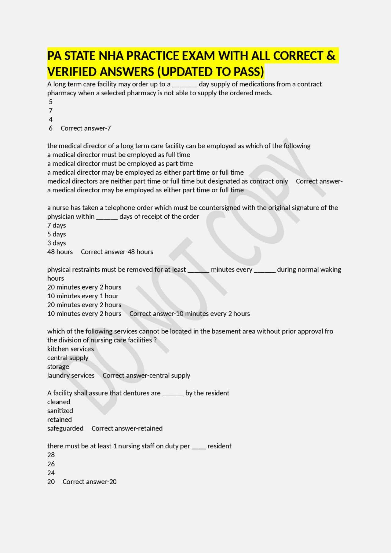 PA State NHA Exam Practice Questions and Answers | Exams Nursing | Docsity