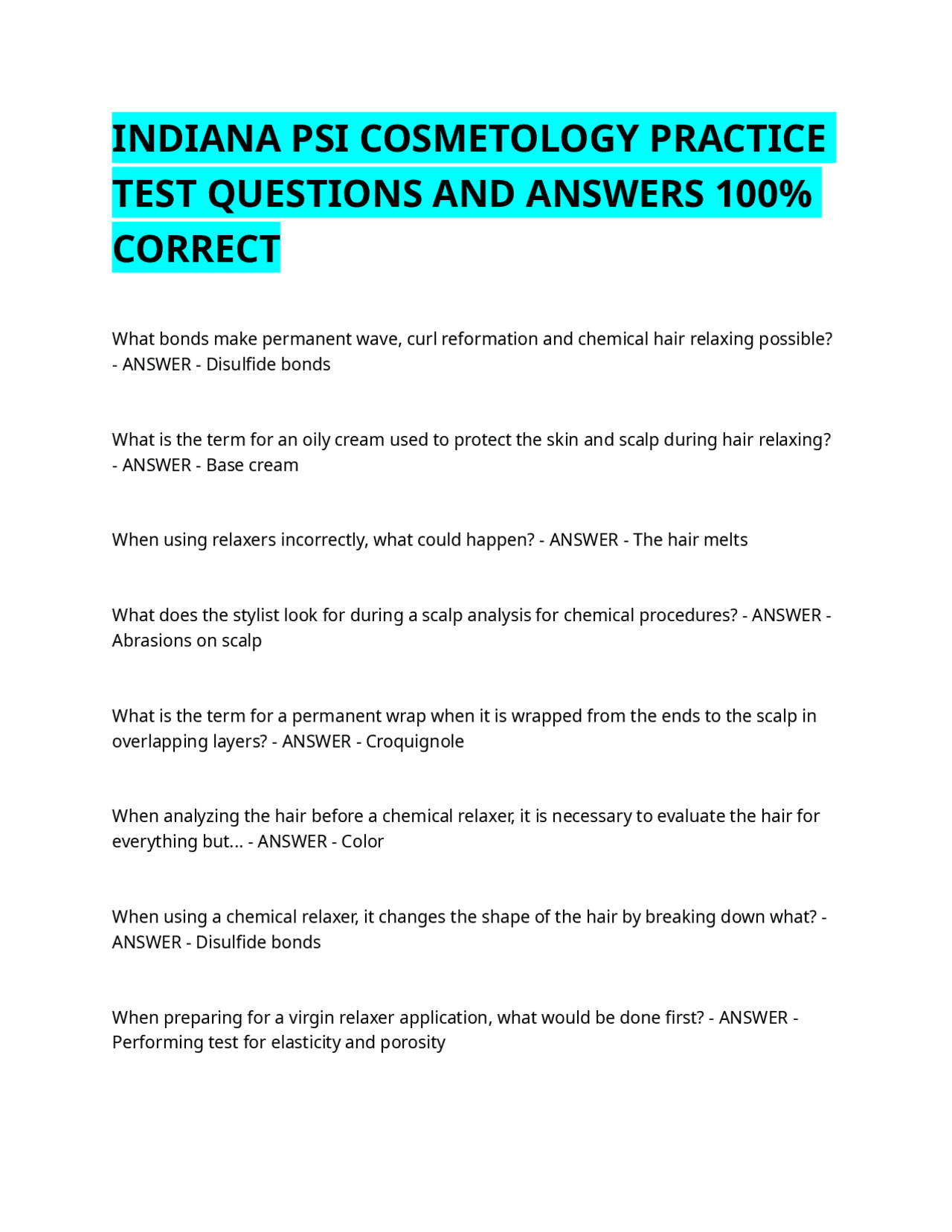Cosmetology Practice Test Questions and Answers | Exams Cosmetology ...