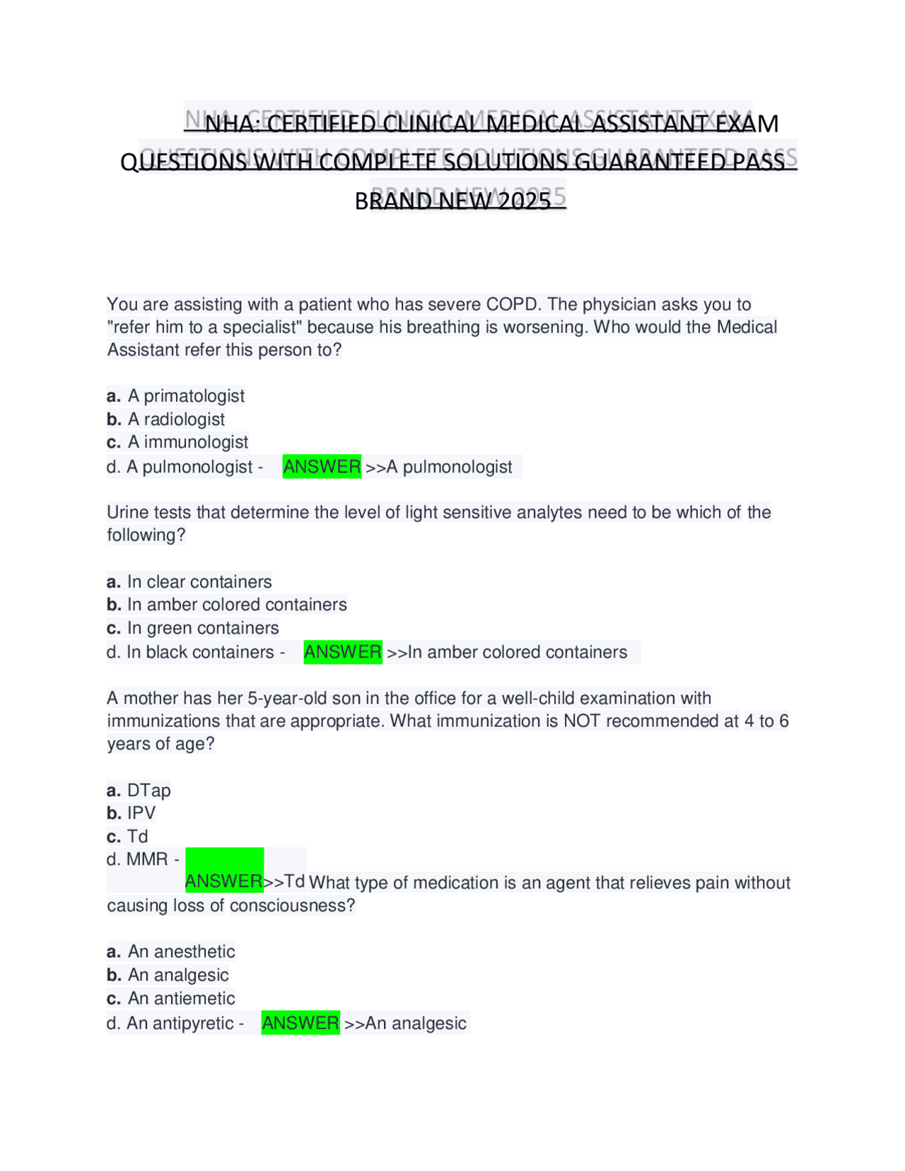 NHA: CERTIFIED CLINICAL MEDICAL ASSISTANT EXAM QUESTIONS WITH COMPLETE ...