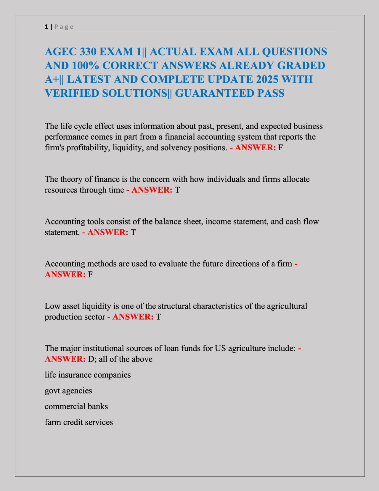 AGEC 330 ACTUAL EXAM Questions and Answers Graded A+ LATEST UPDATE 2025 ...