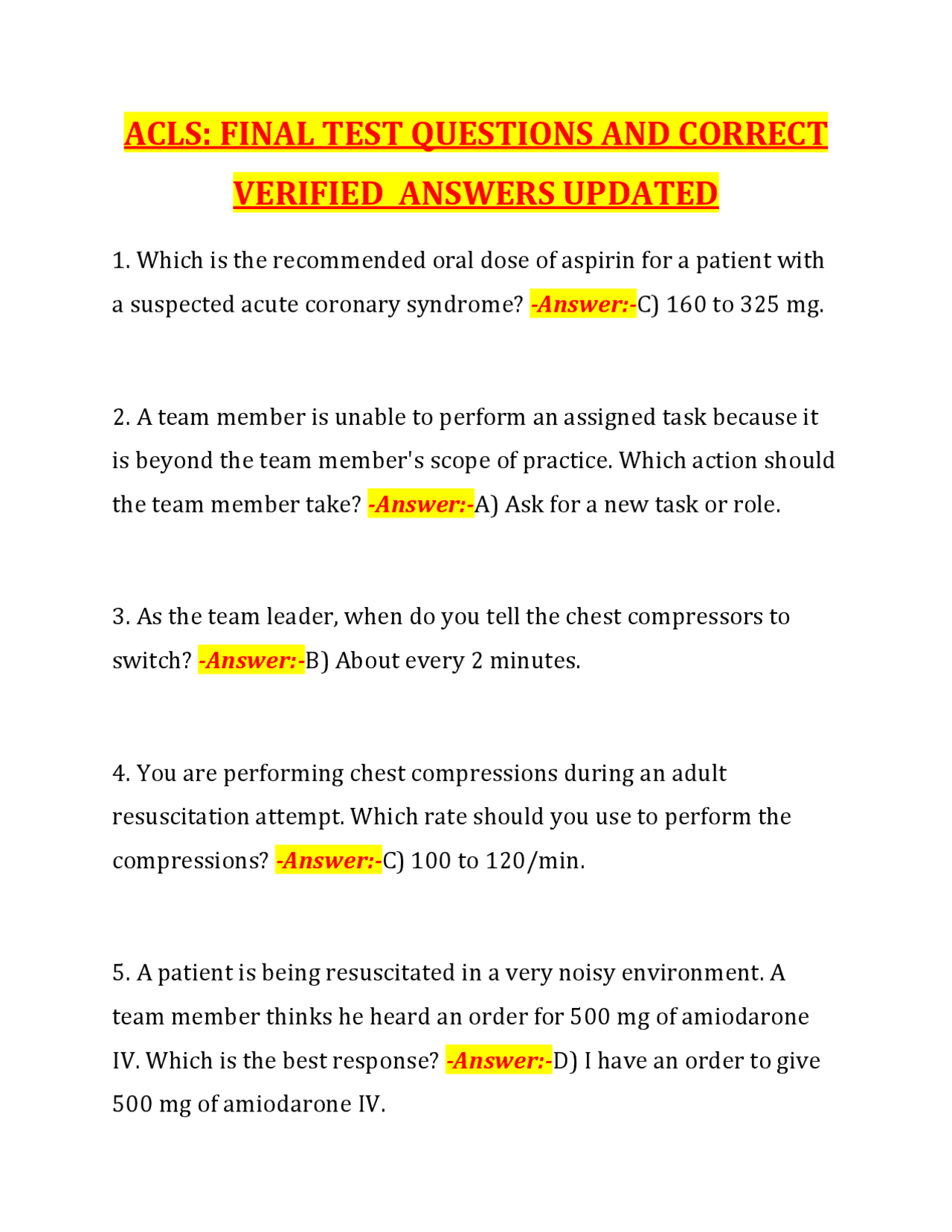 ACLS: FINAL TEST QUESTIONS AND CORRECT VERIFIED ANSWERS UPDATED | Exams ...