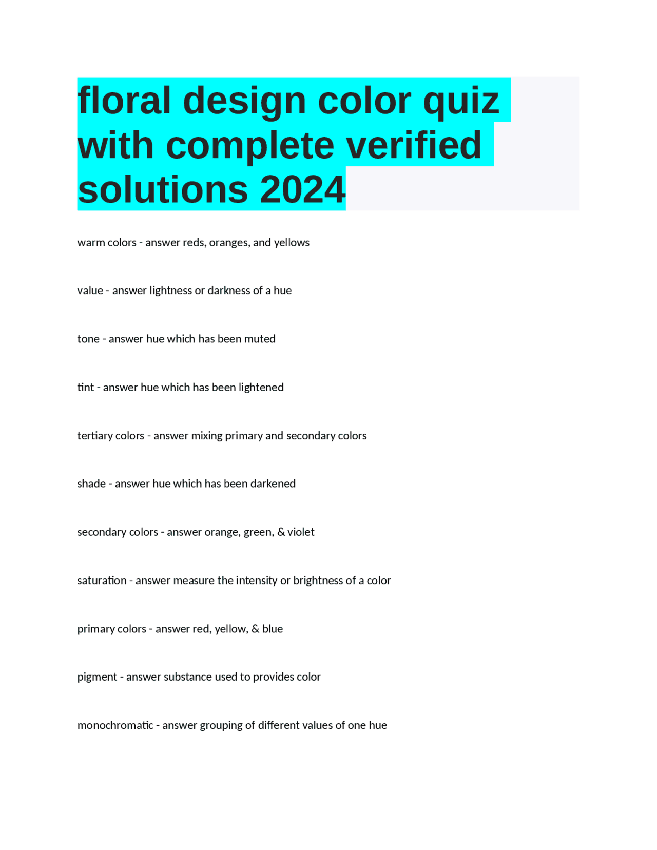 floral design color quiz with complete verified solutions 2024.docx ...