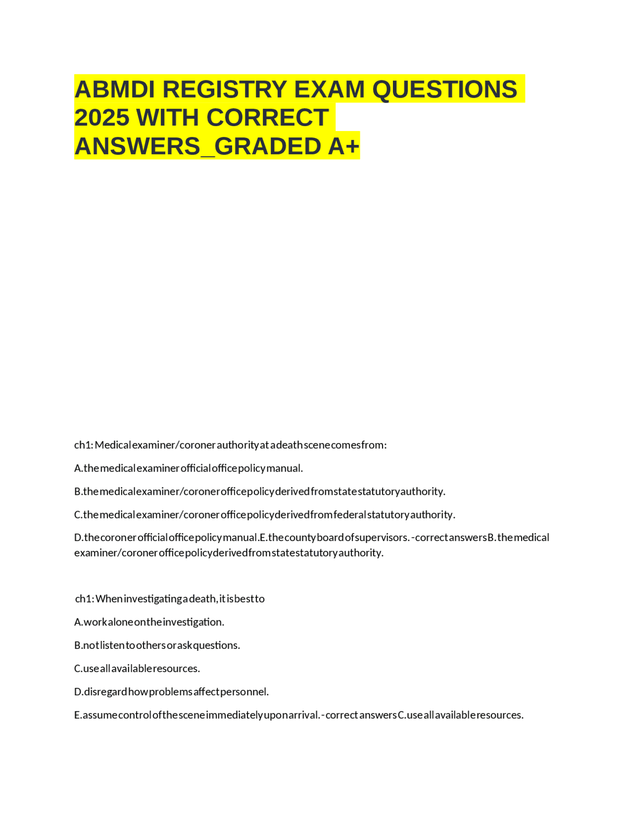 ABMDI Registry Exam Questions 2025: Medicolegal Death Investigation ...