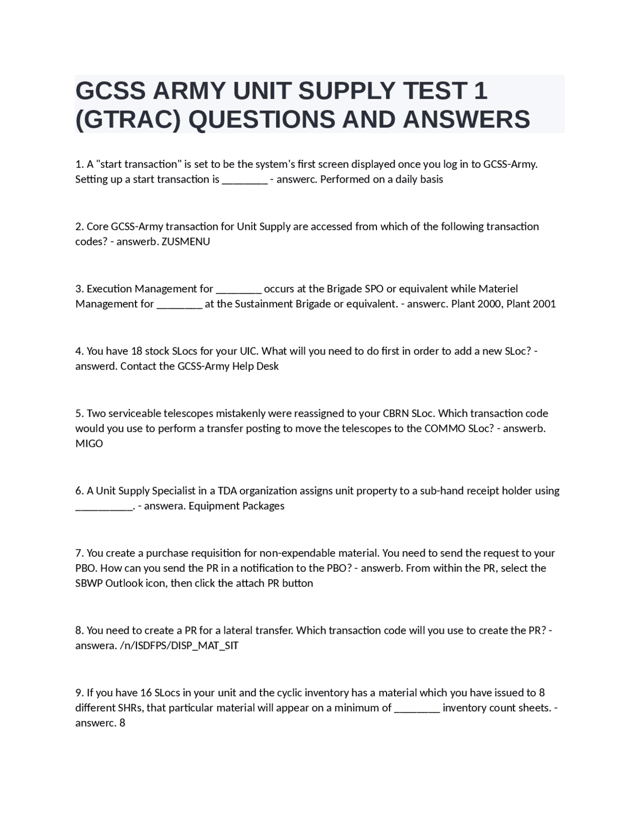 GCSS ARMY UNIT SUPPLY TEST 1 (GTRAC) QUESTIONS AND ANSWERS.docx | Exams ...