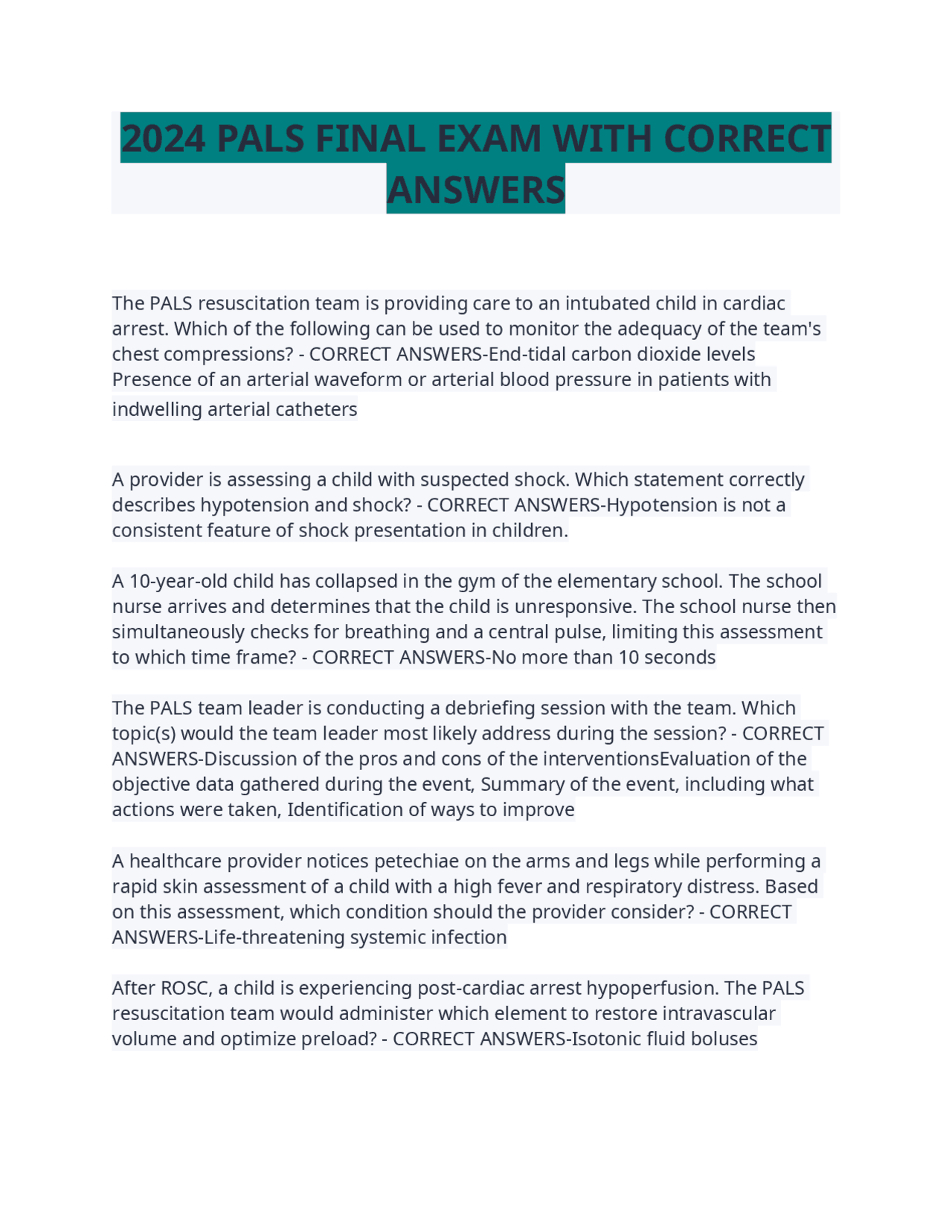 2024 PALS FINAL EXAM WITH CORRECT ANSWERS | Exams Nursing | Docsity