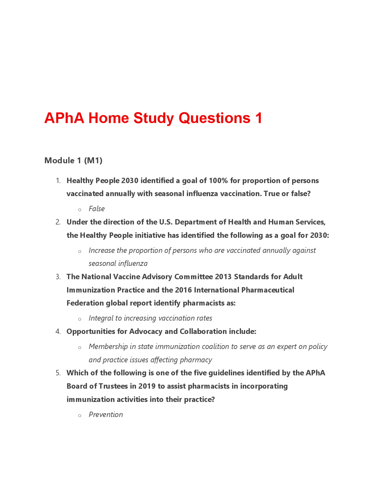 APhA Home Study Questions 1 Actual questions and answers 100% correct ...