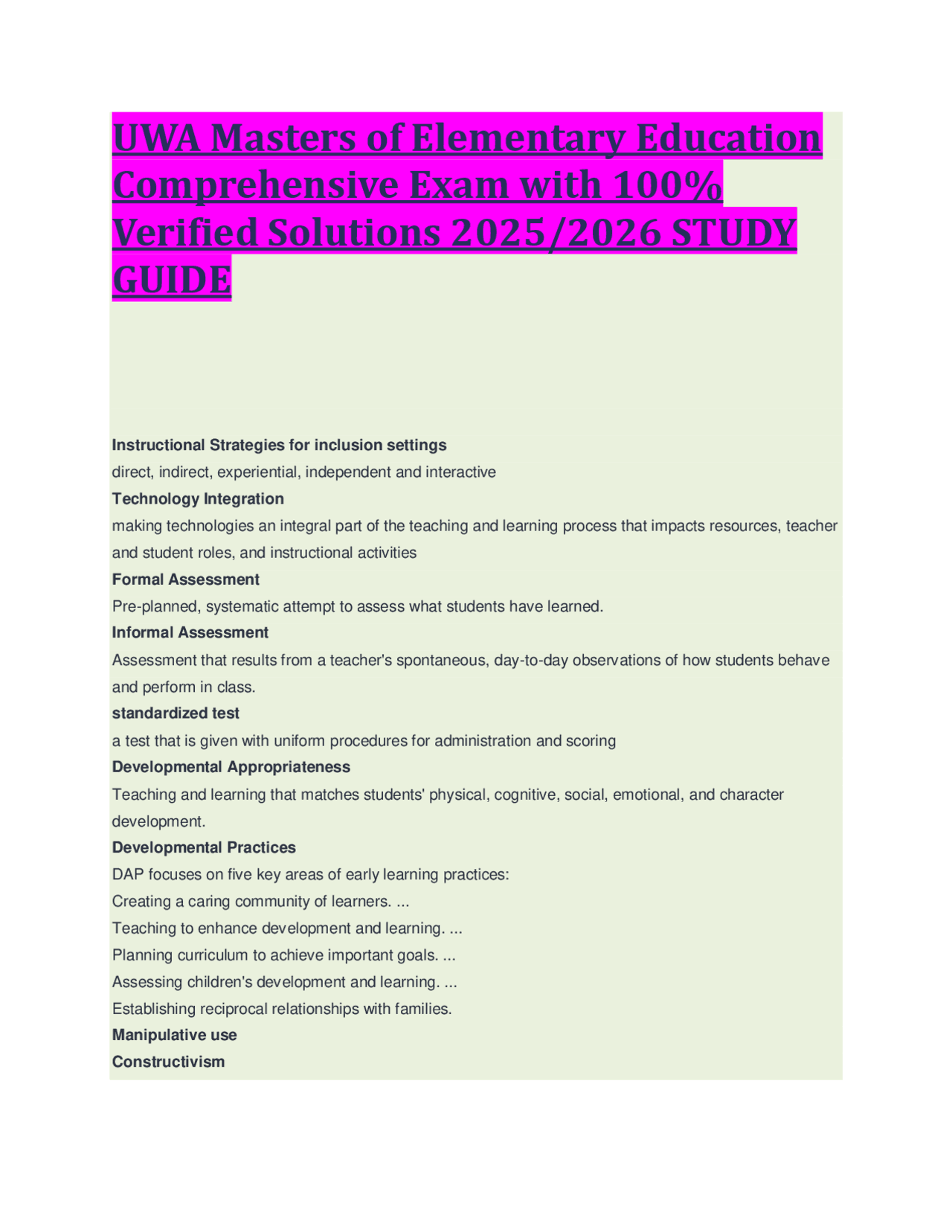 UWA Masters of Elementary Education Comprehensive Exam with 100% ...