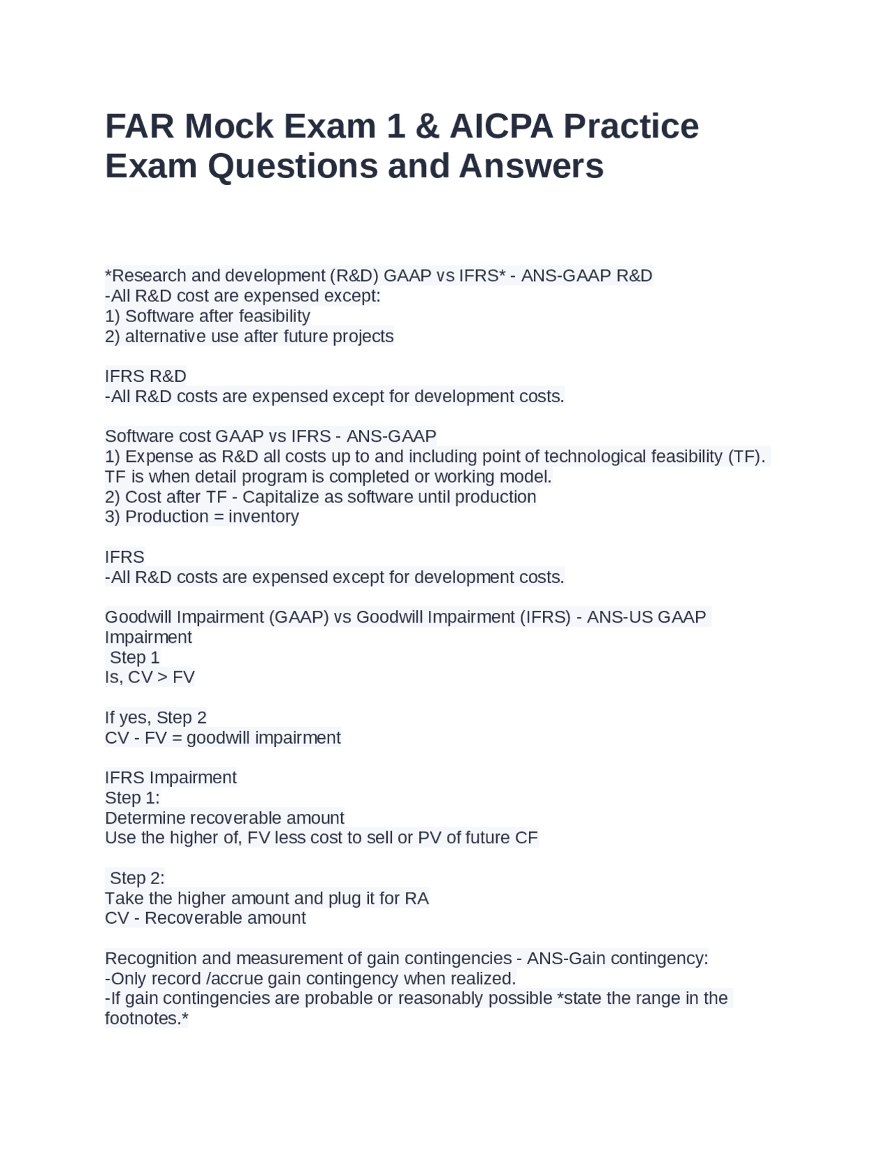 FAR Mock Exam 1 & AICPA Practice Exam Questions and Answers | Exams Advanced Education | Docsity