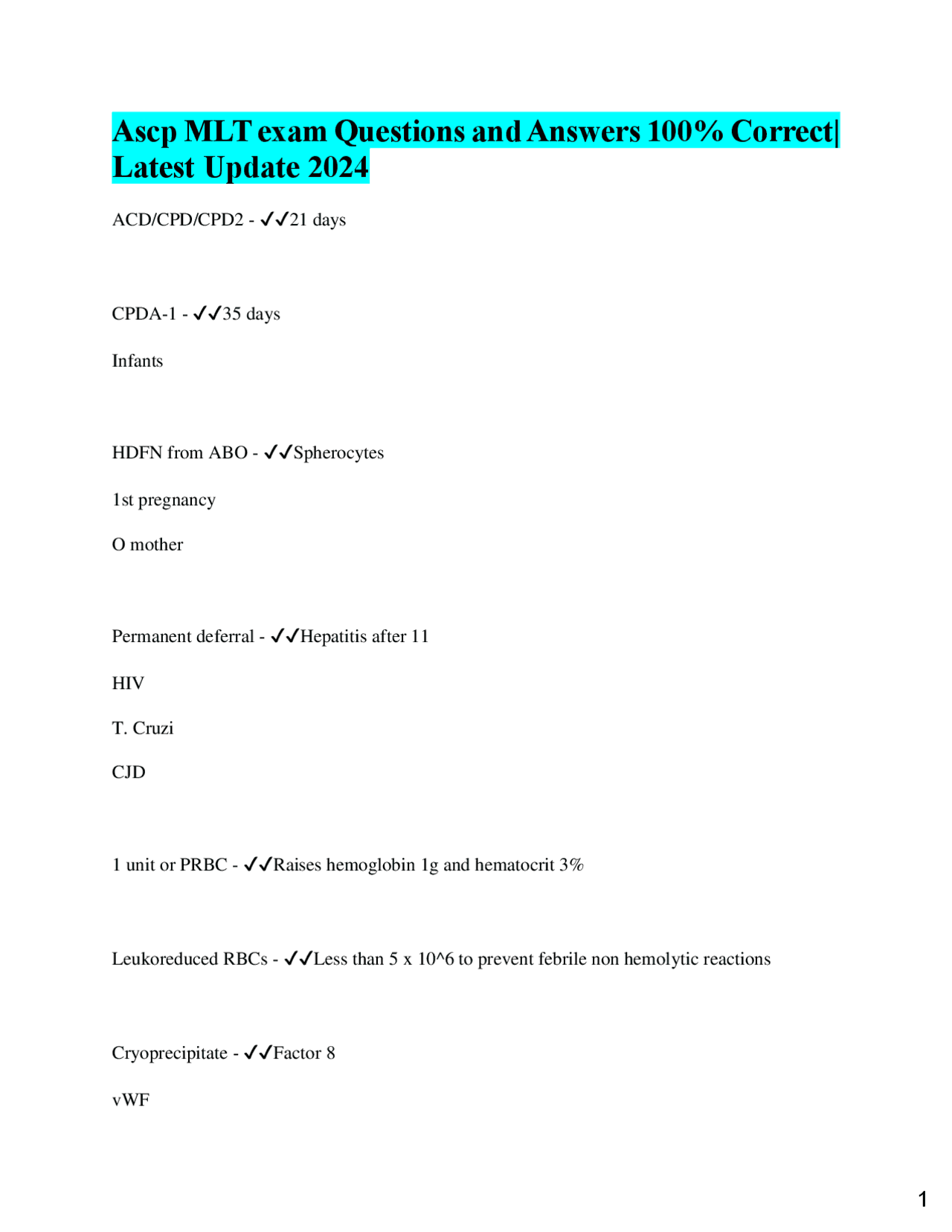 Ascp MLT exam Questions and Answers 100% Correct| Latest Update 2024 ...