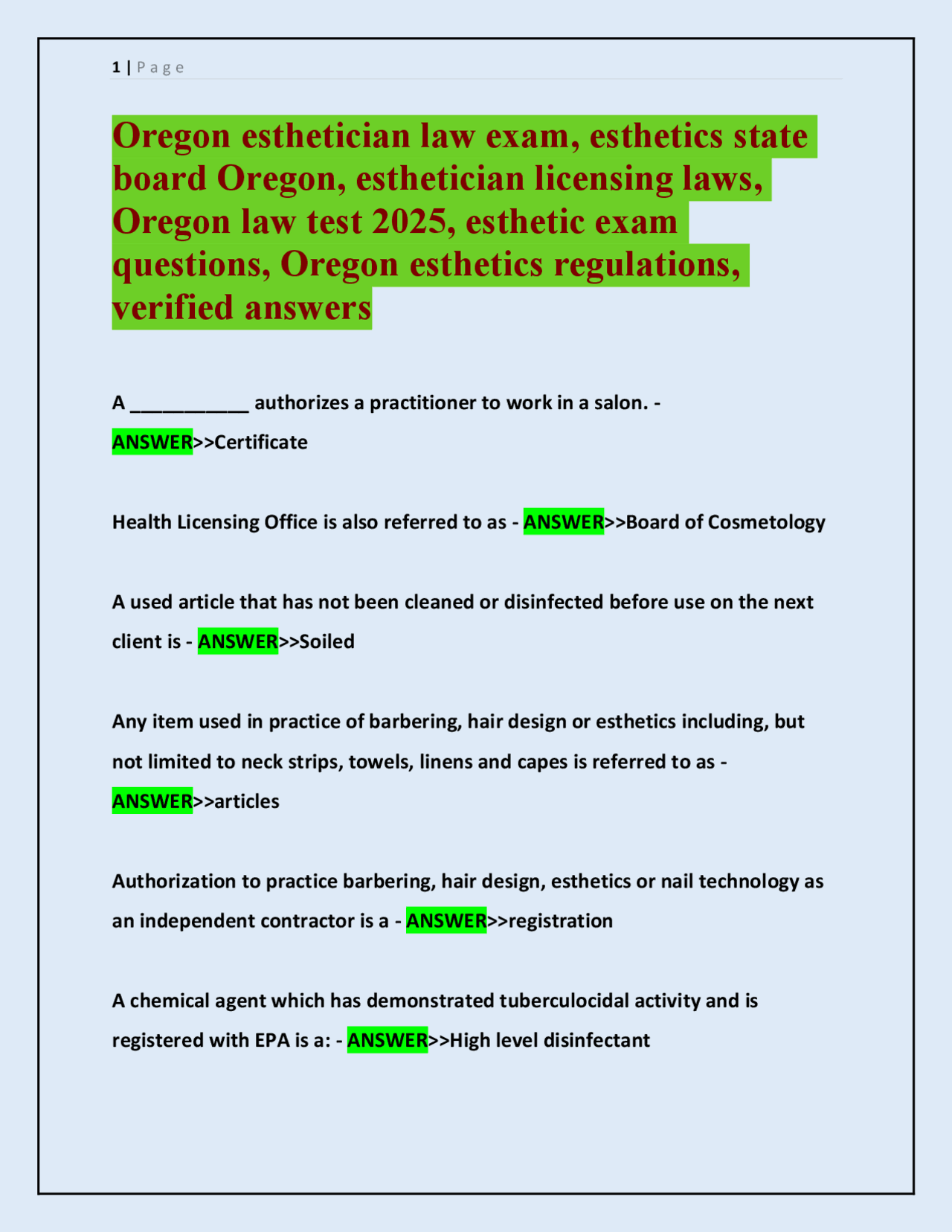 Oregon esthetician law exam, esthetics state board Oregon, esthetician ...