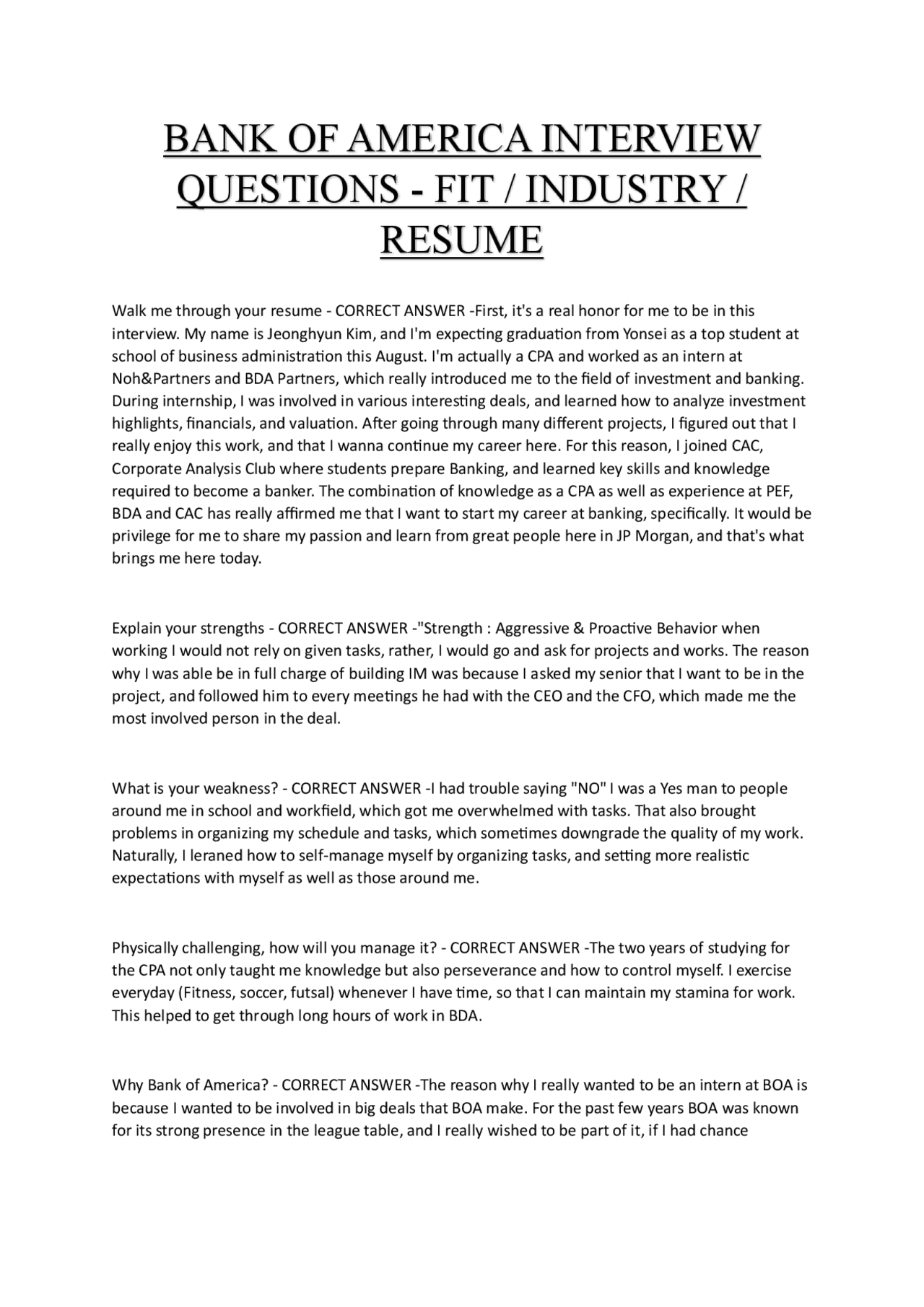 BANK OF AMERICA INTERVIEW QUESTIONS - FIT / INDUSTRY / RESUME Walk me through your resu | Exams ...