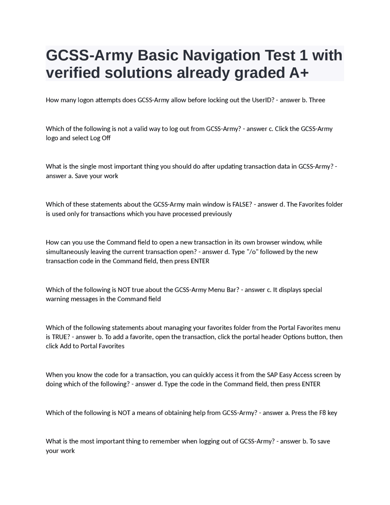 GCSS-Army Basic Navigation Test with Verified Solutions | Exams Biology ...