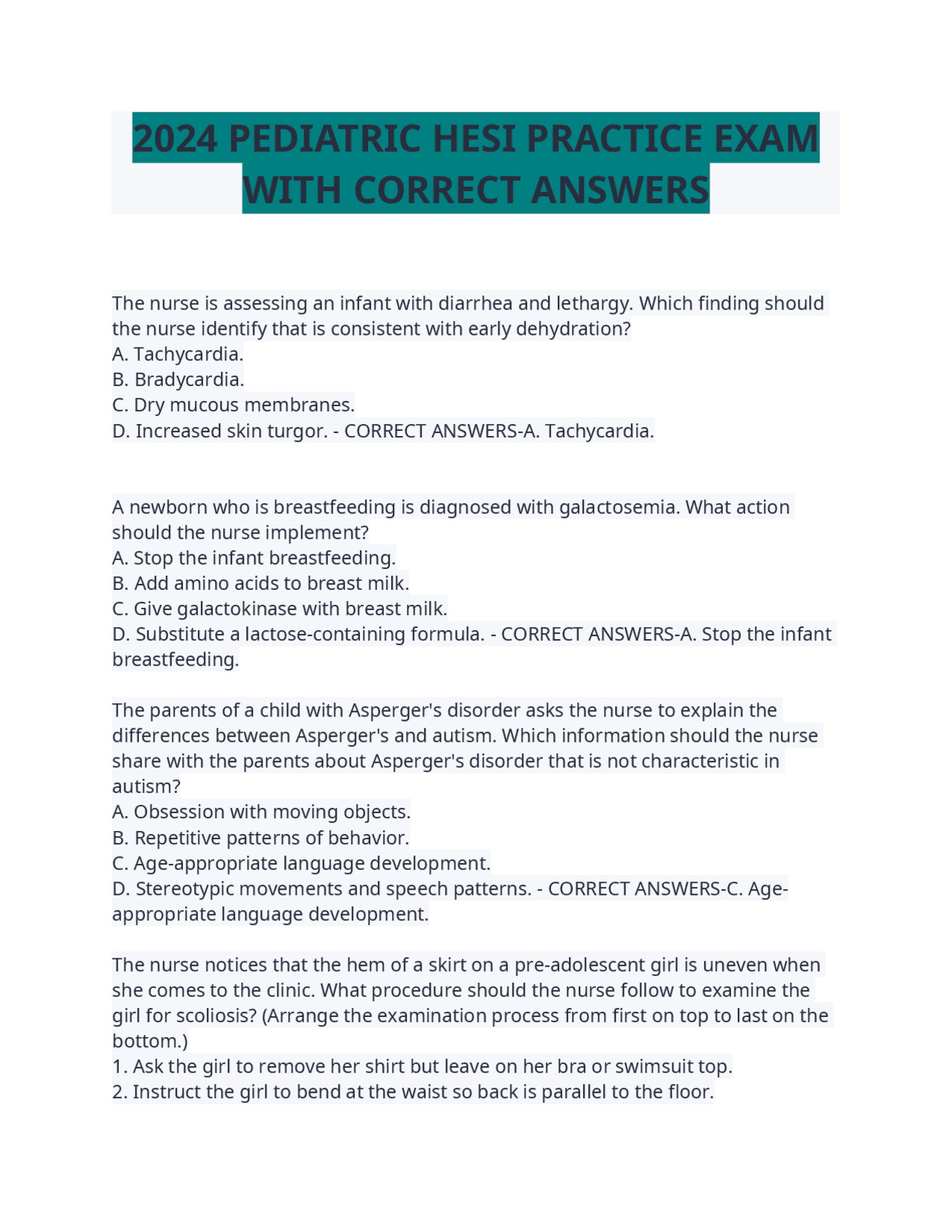 2024 PEDIATRIC HESI PRACTICE EXAM WITH CORRECT ANSWERS | Exams Nursing ...