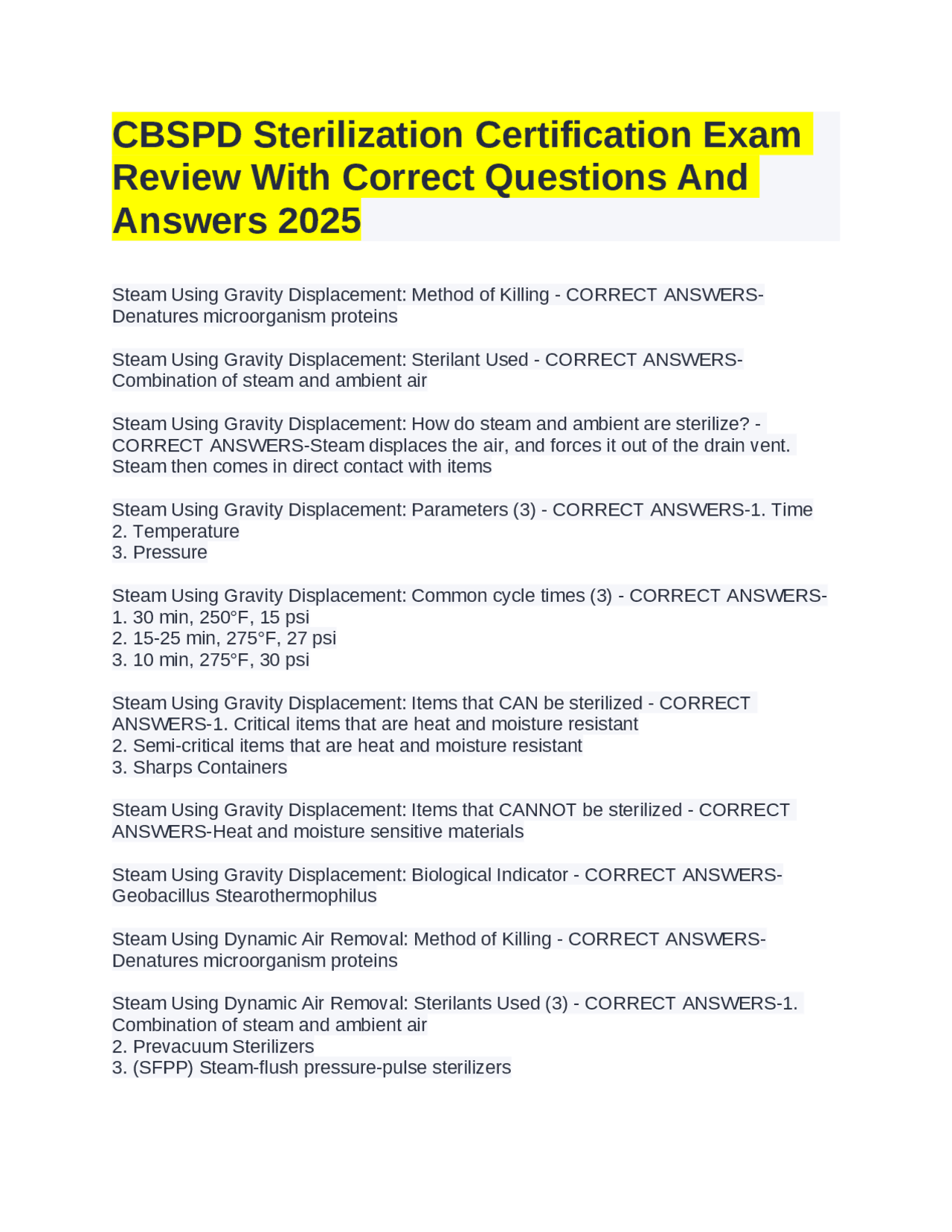 CBSPD Sterilization Certification Exam Review With Correct Questions ...