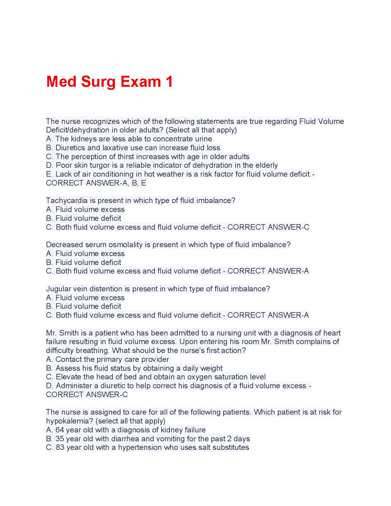 Med Surg Exam 1 Questions and Answers 100% Solved correctly | Exams ...