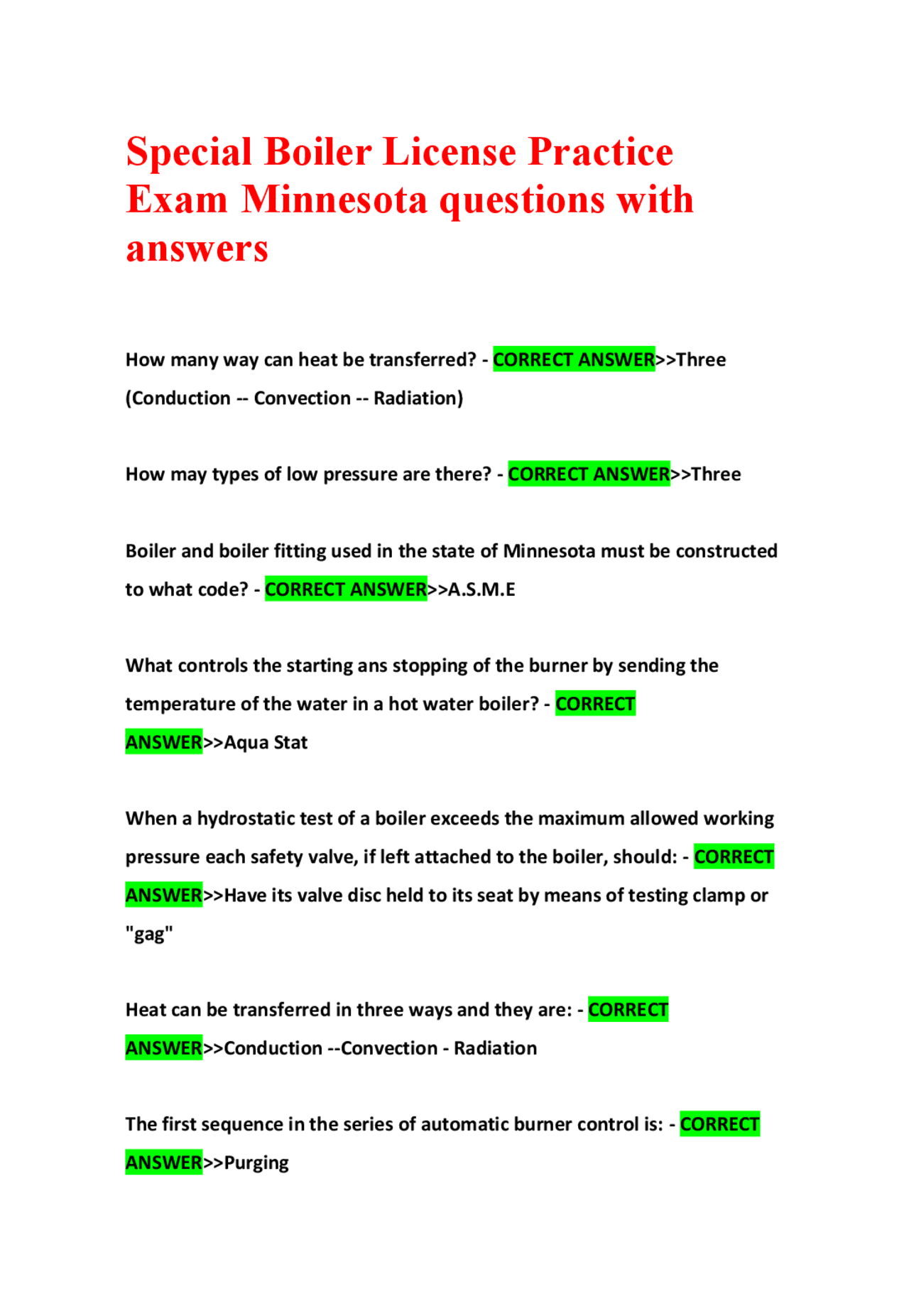Minnesota Special Boiler License Exam Practice Questions and Answers ...