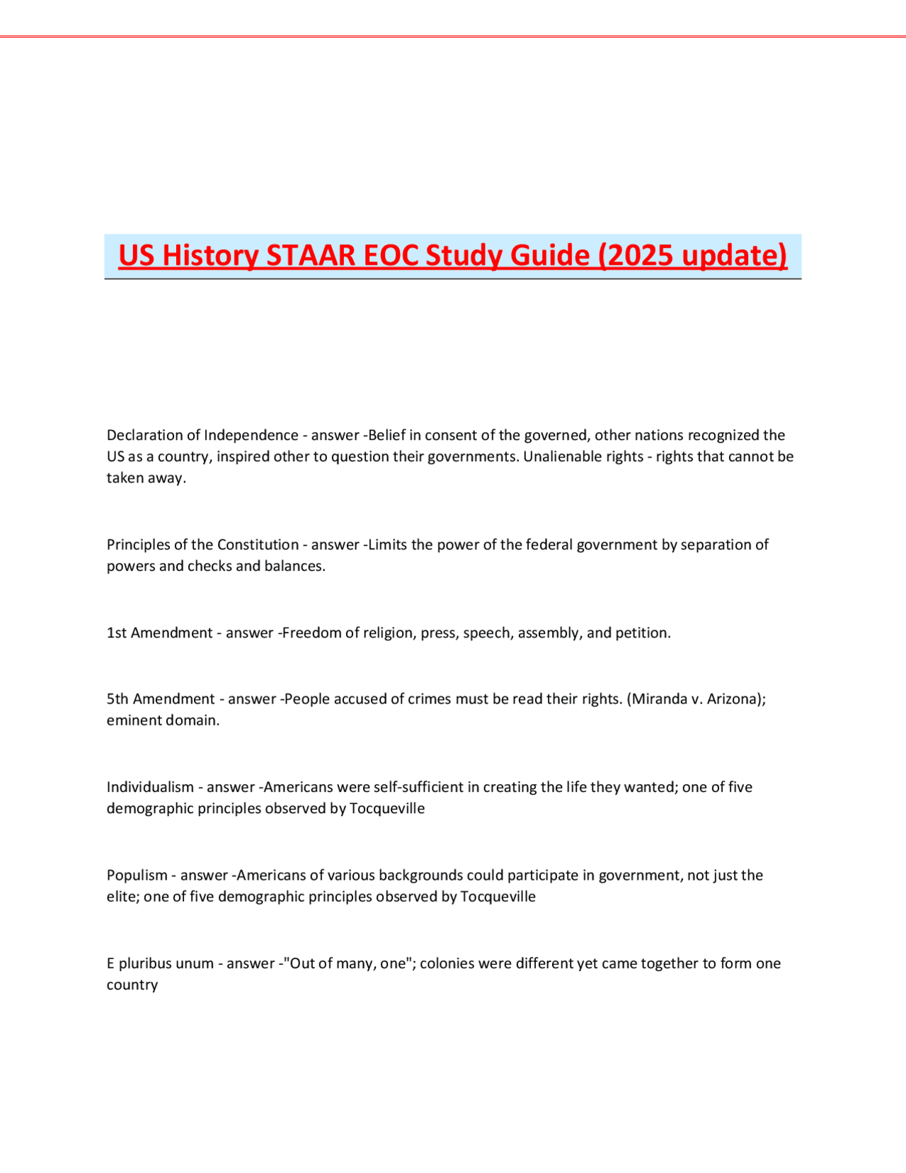 US History STAAR EOC Study Guide (2025 update).pdf | Exams Nursing ...