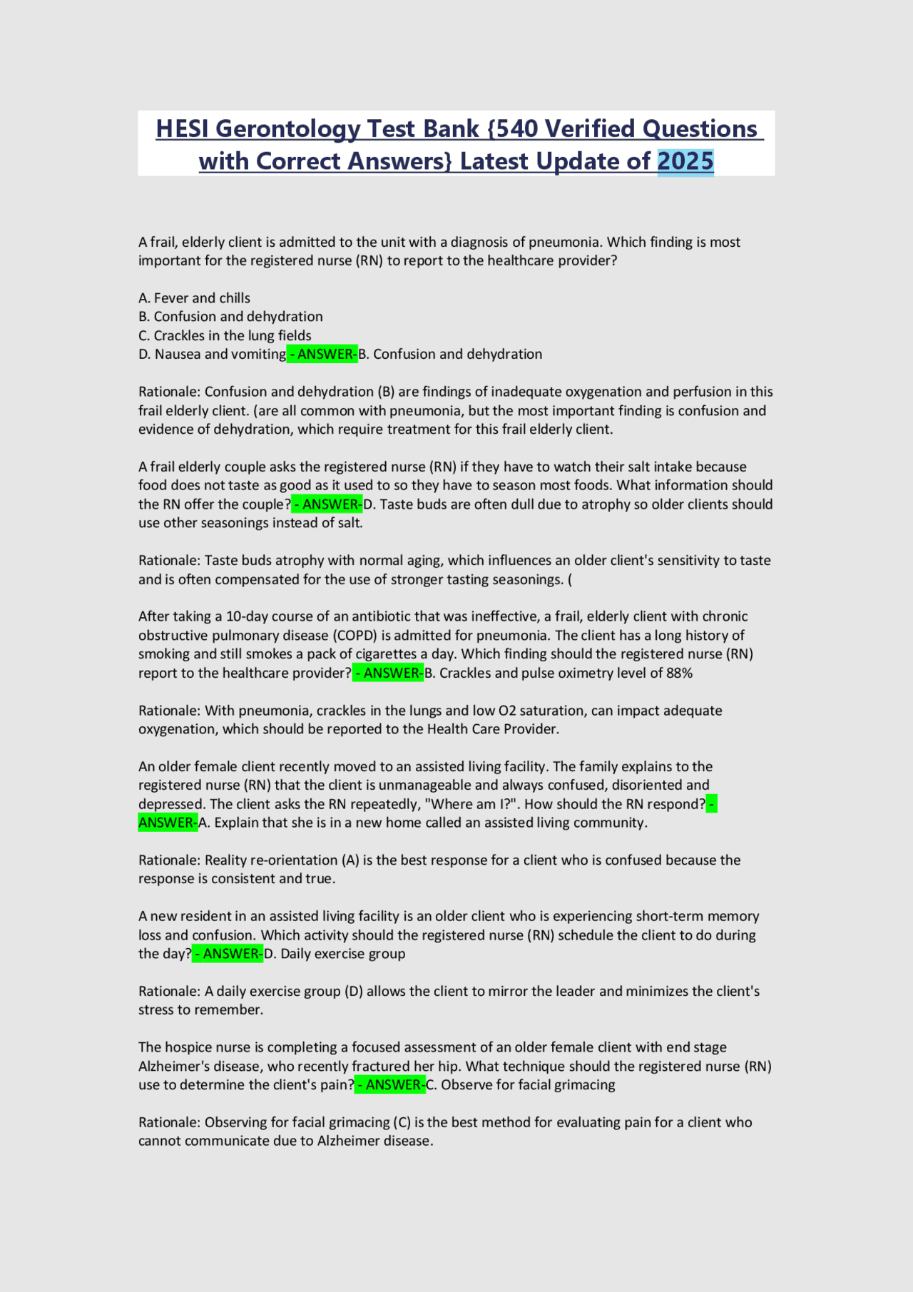 Gerontology Test Bank: 540+ Questions & Answers for Elderly Care ...