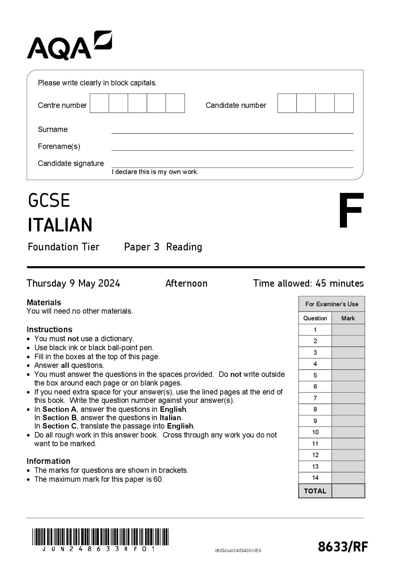 GCSE Italian Reading Comprehension Paper: Practice and Assessment ...