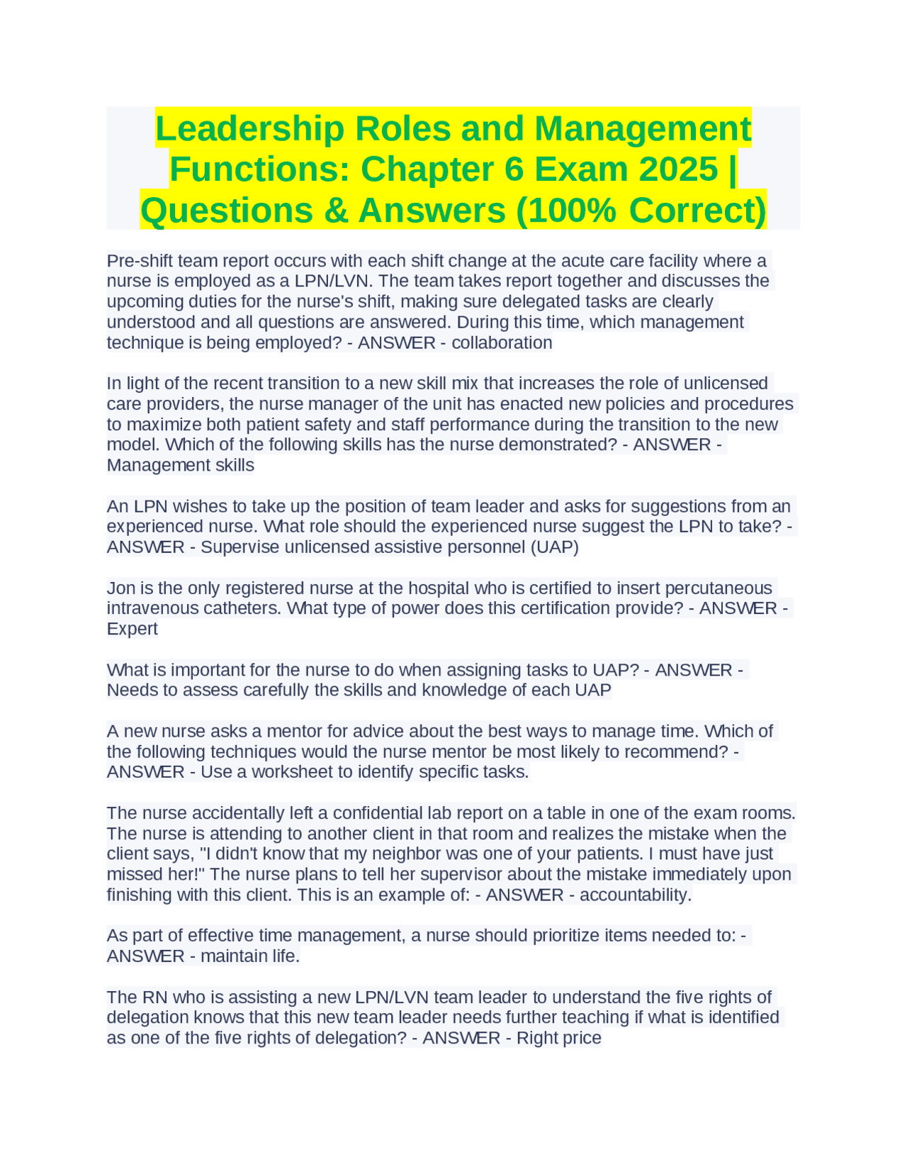 Leadership Roles and Management Functions: Chapter 6 Exam 2025 ...