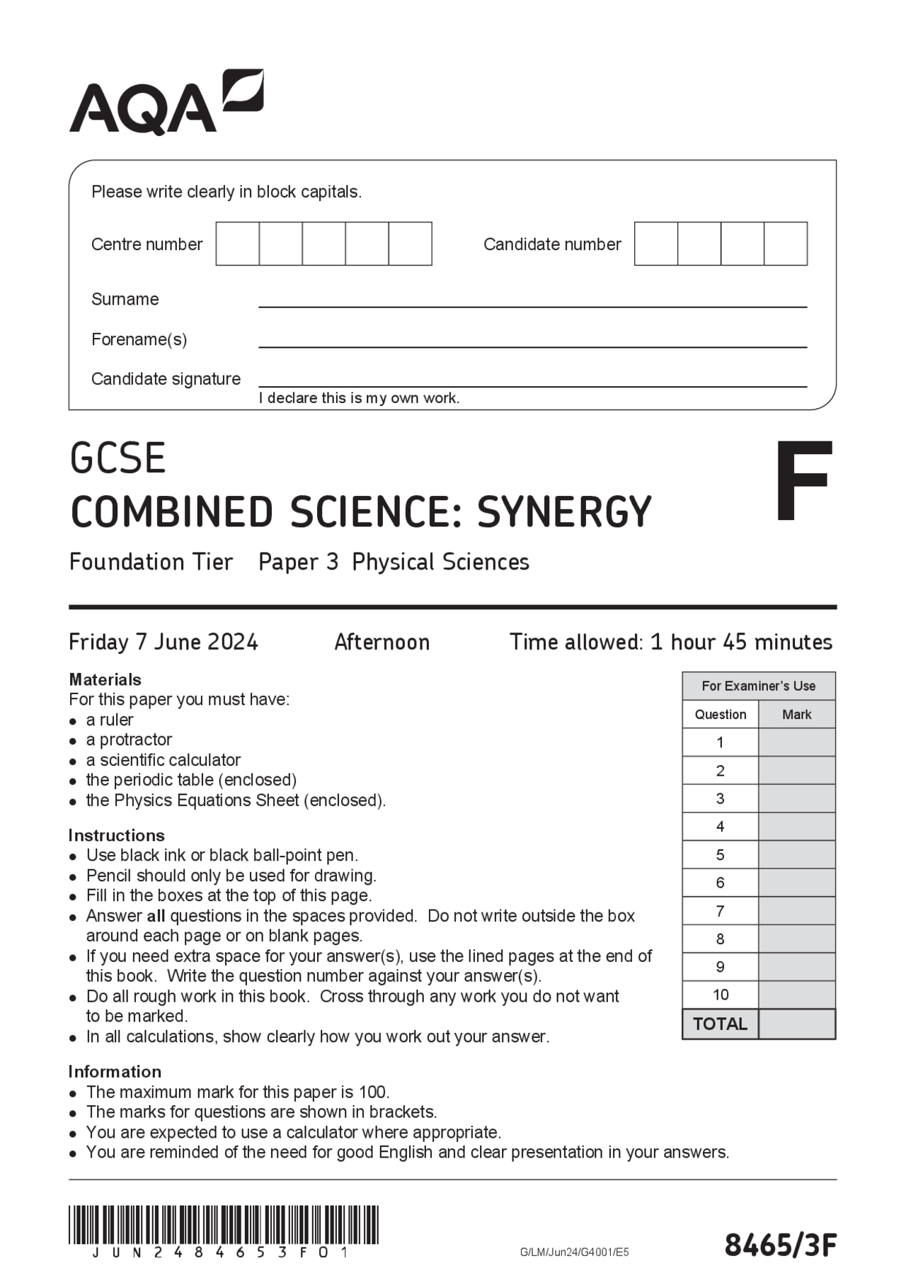 2024 AQA GCSE COMBINED SCIENCE: SYNERGY Foundation Tier Paper 3 ...
