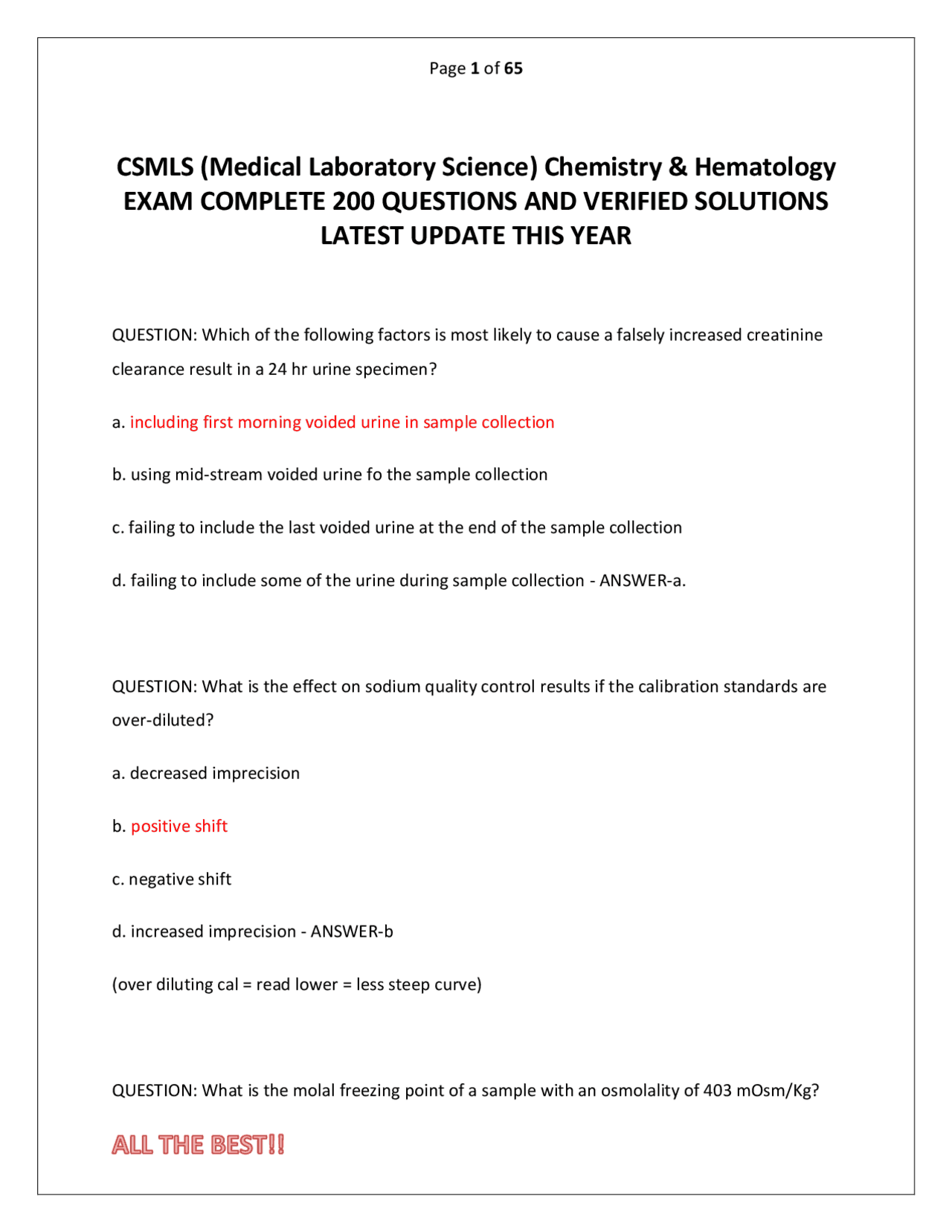 CSMLS (Medical Laboratory Science) Chemistry & Hematology EXAM COMPLETE ...