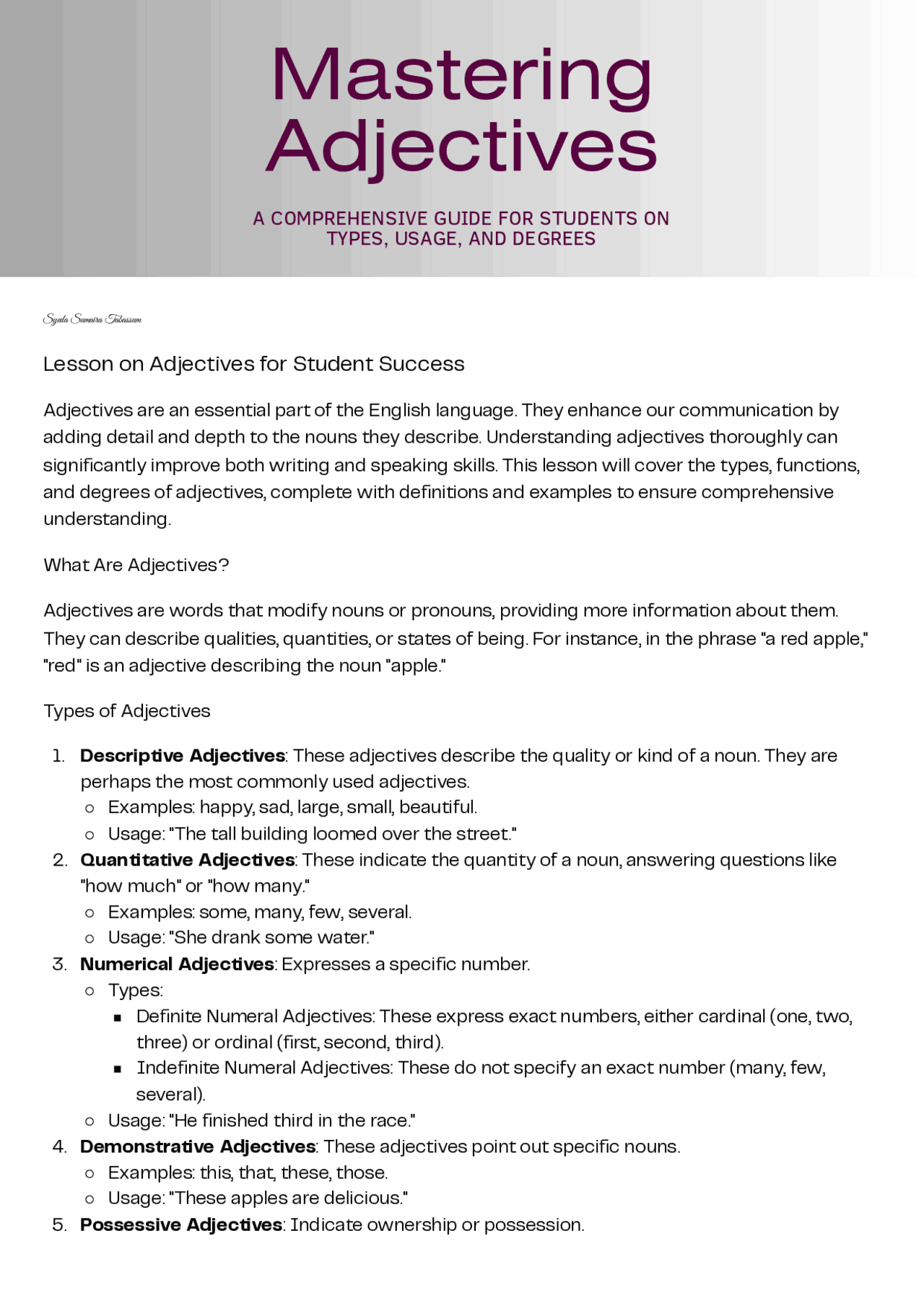 Lesson on Adjectives for Student Success | Study notes English | Docsity