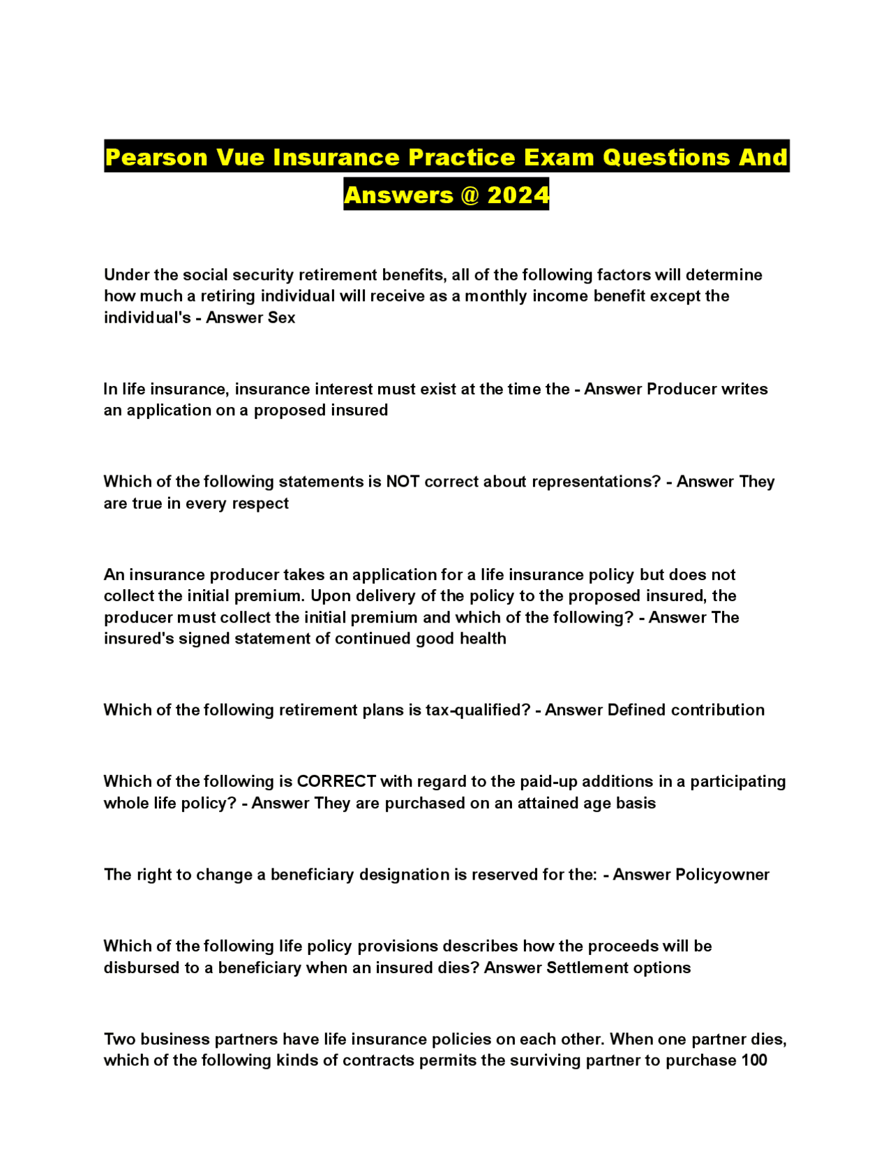 Pearson Vue Insurance Practice Exam Questions And Answers @ 2024-2026 ...