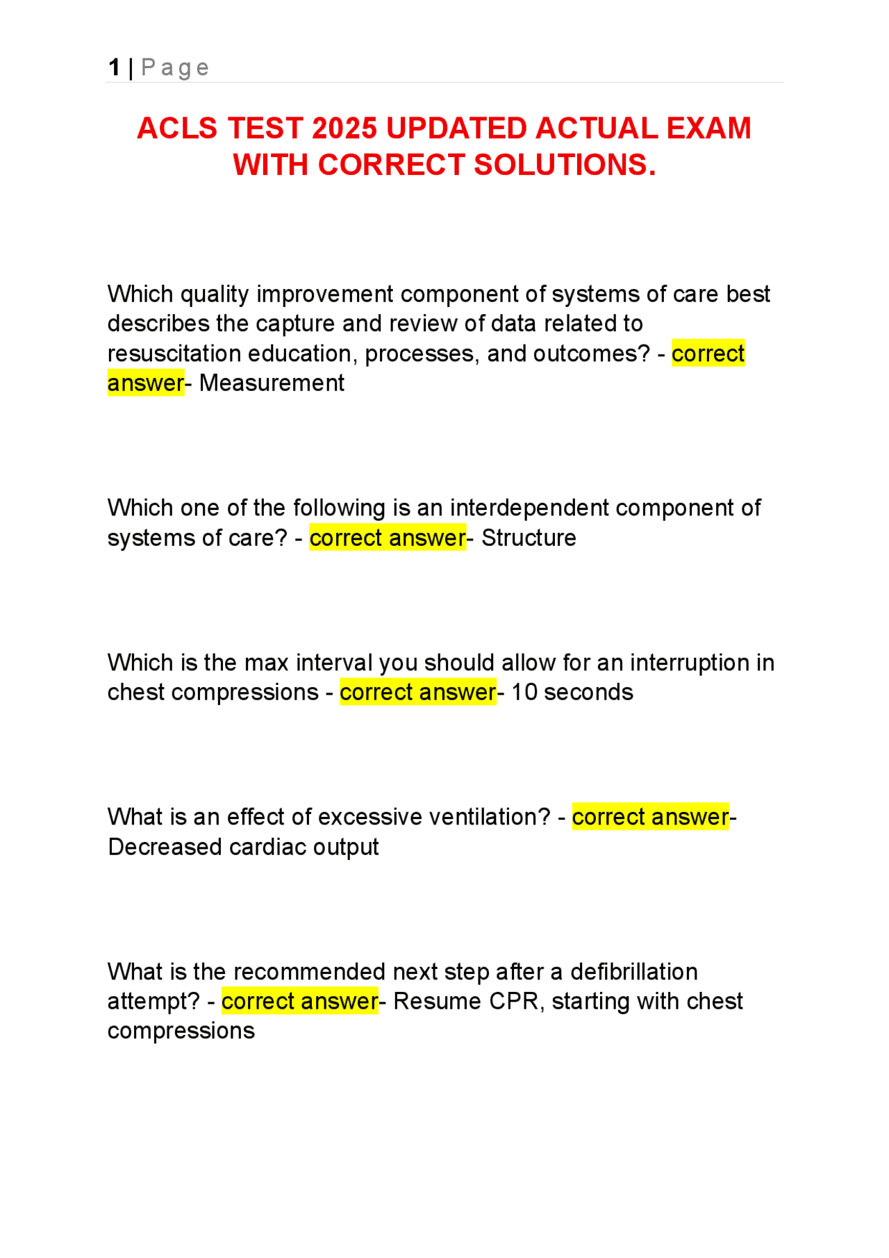 ACLS TEST 2025 UPDATED ACTUAL EXAM WITH CORRECT SOLUTIONS. | Exams ...