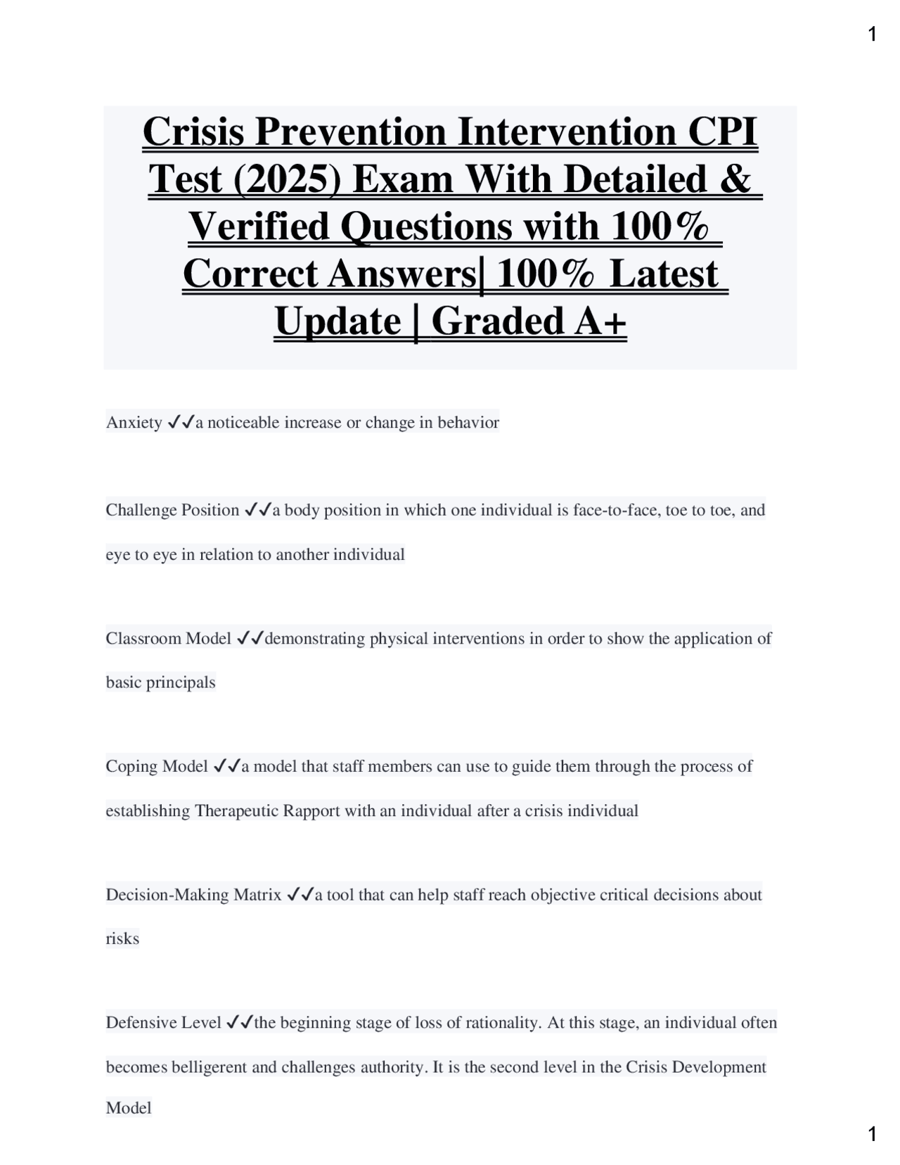 risis Prevention Intervention CPI Test (2025) Exam With Detailed ...