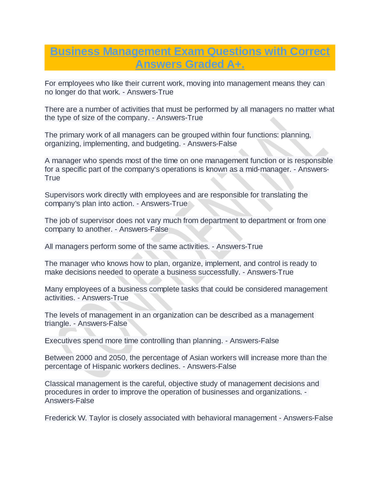 Business Management Exam Questions with Correct Answers Graded A+ ...